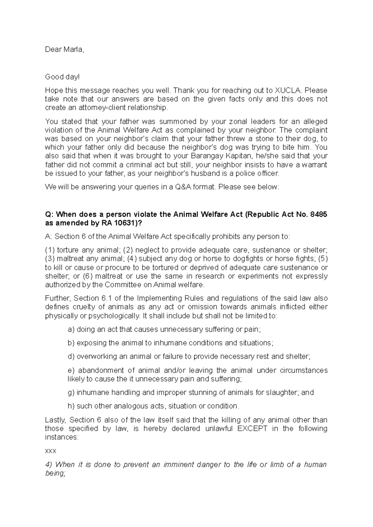 112-A2022 Animal Welfare Act - Dear Marla, Good day! Hope this message ...