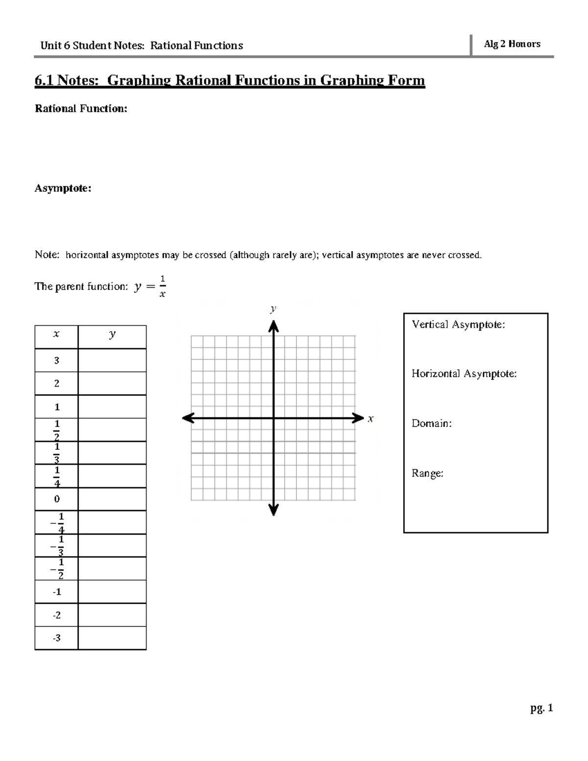 Unit 6 Rational Functionsstudent Notes 2024 - 6 Notes: Graphing ...