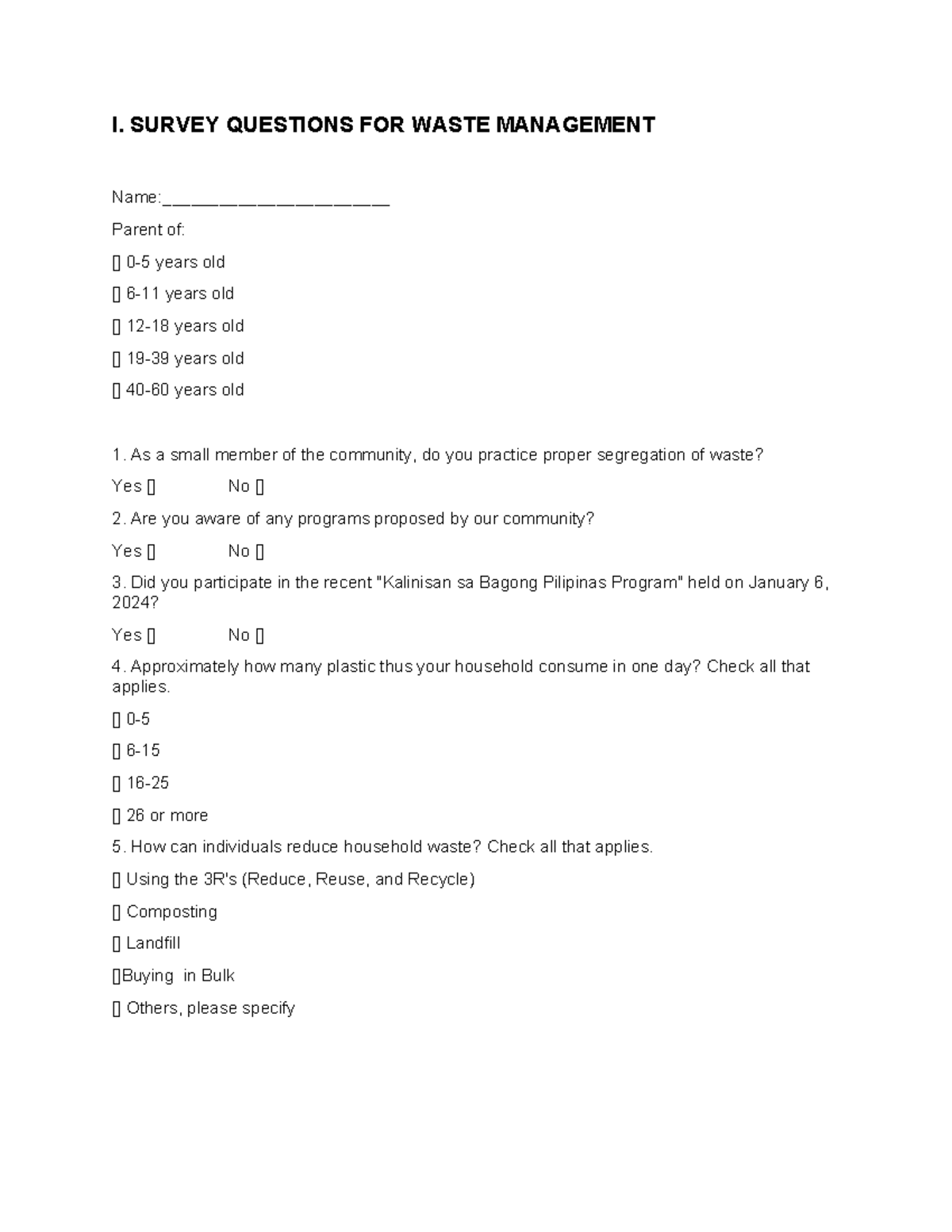 Survey Questions FOR Waste Management - I. SURVEY QUESTIONS FOR WASTE ...