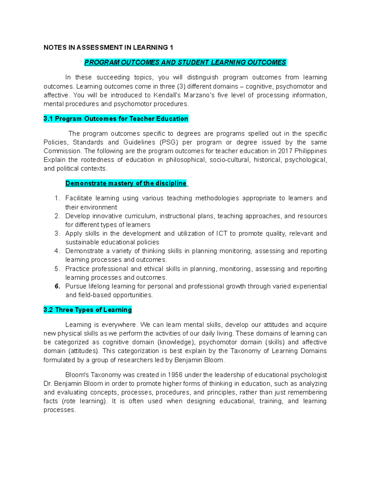 Program Outcomes AND Student Learning Outcomes NOTES IN ASSESSMENT IN 