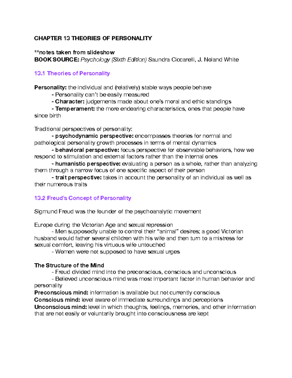Psych 1101: 13.1-13.2 - CHAPTER 13 THEORIES OF PERSONALITY **notes ...