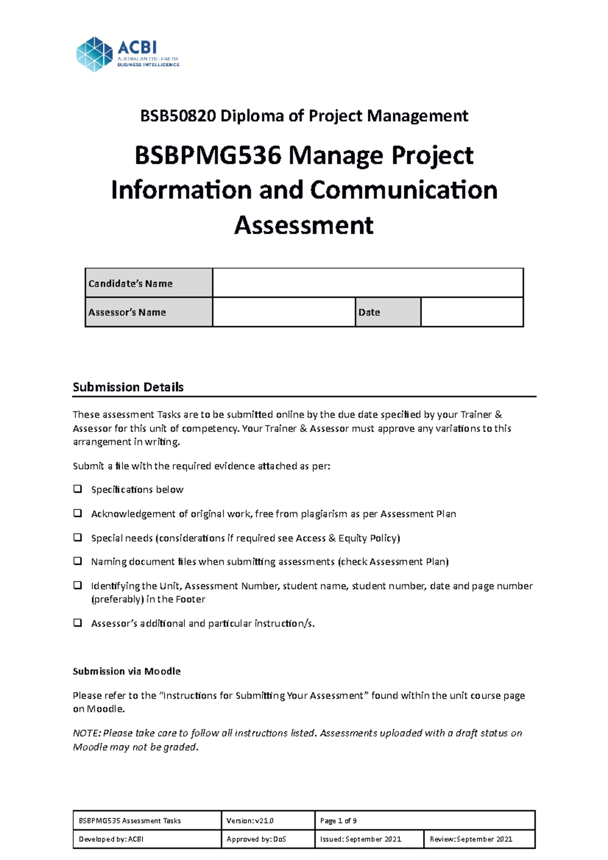 Bsbpmg 536 Assessment Tasks - BSB50820 Diploma of Project Management BSBPMG536 Manage Project ...
