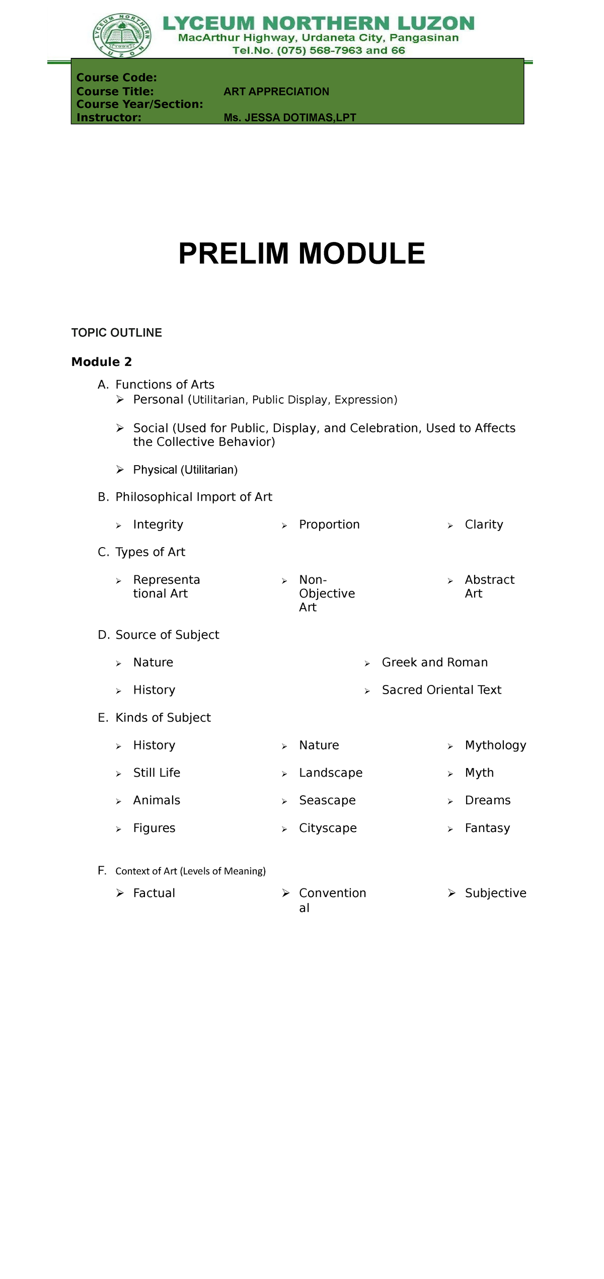 Prelim.module 2.-art-appreciation - Course Code: Course Title: Course ...