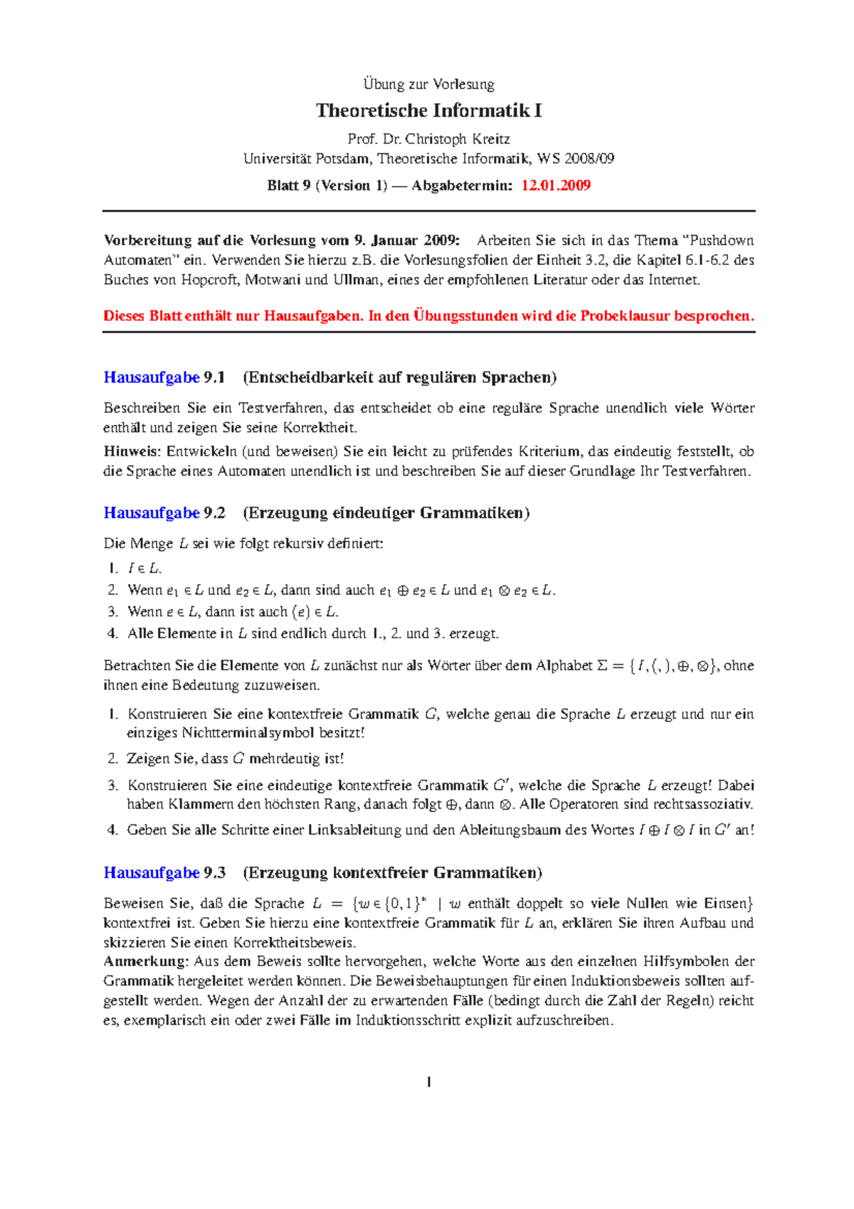 Uebung-09 - übung - Übung zur Vorlesung Theoretische Informatik I Prof ...