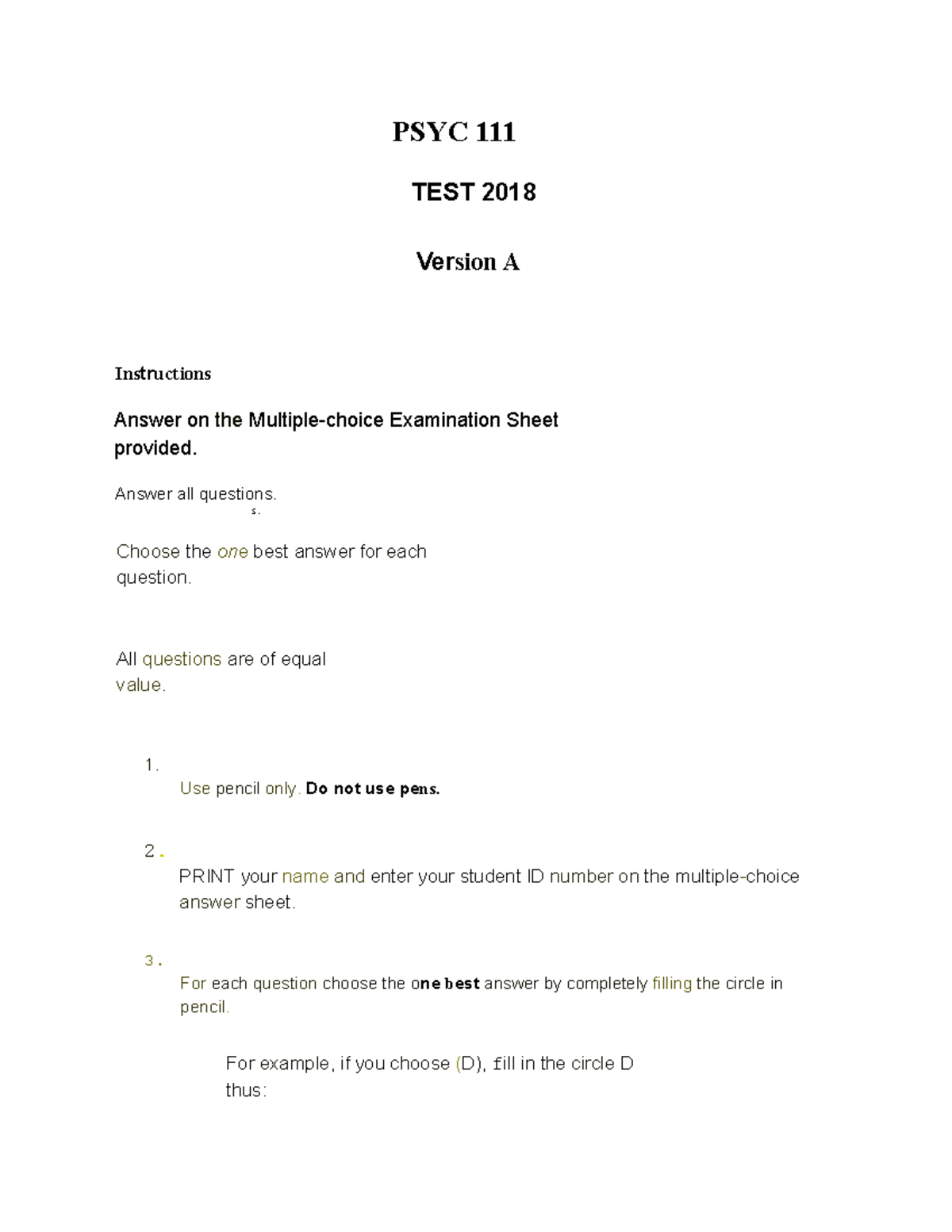 PSYC111 Test2018 - Past psychology brain and behaviour multi choice ...