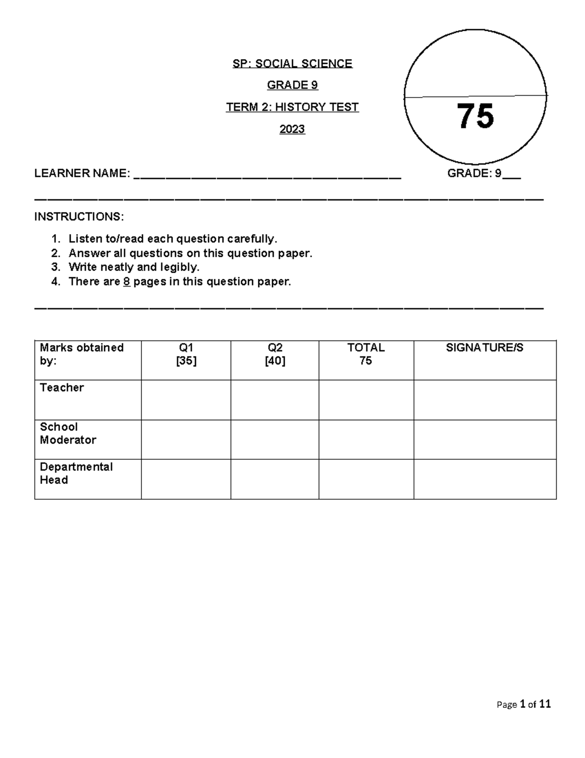 Gr9 June Hist Test 2023 - Term 2 Grade 9 history examination - SP ...