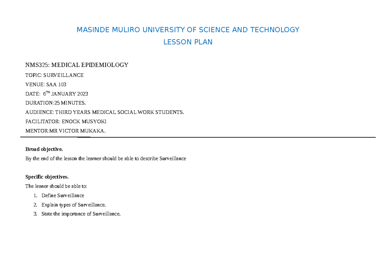 Lesson plan-Surveillance Doc. - Copy - MASINDE MULIRO UNIVERSITY OF ...