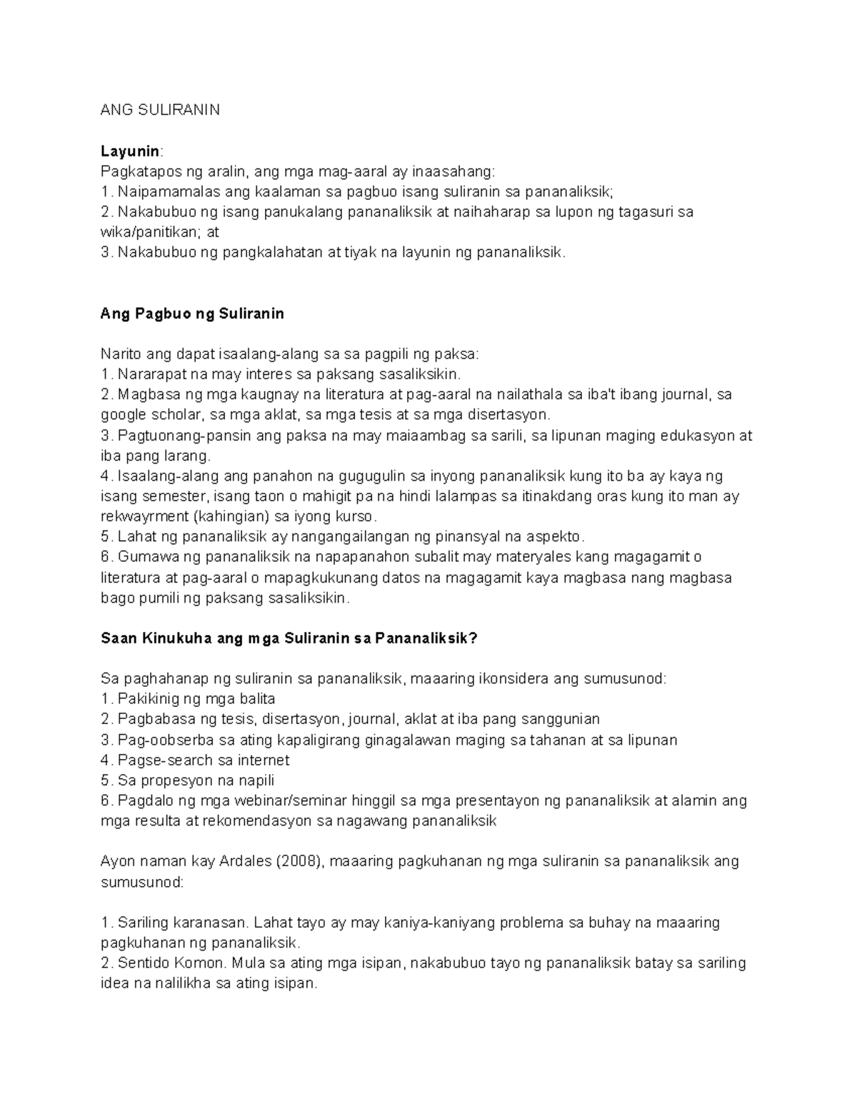ANG Suliranin Reporting WORD - ANG SULIRANIN Layunin: Pagkatapos ng ...
