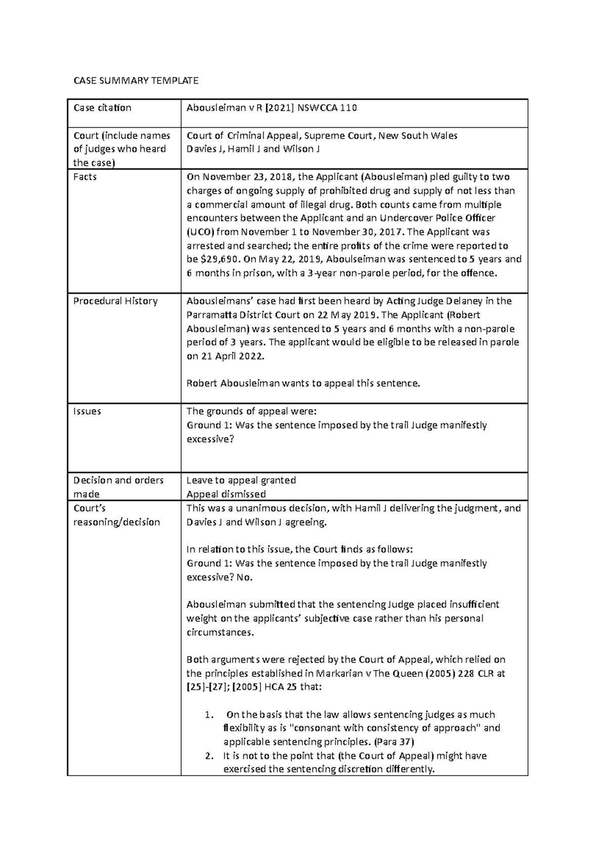 Case Summary- Assignment - CASE SUMMARY TEMPLATE Case citation ...