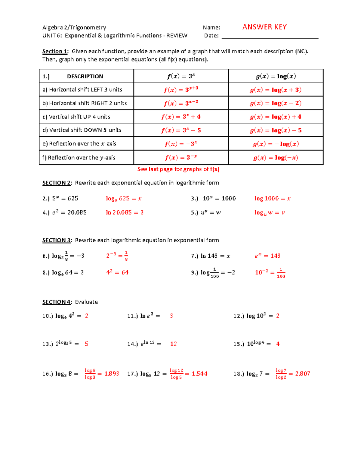 Unit 7 Review Sheet Answer Key - UNIT 6: Exponential & Logarithmic ...