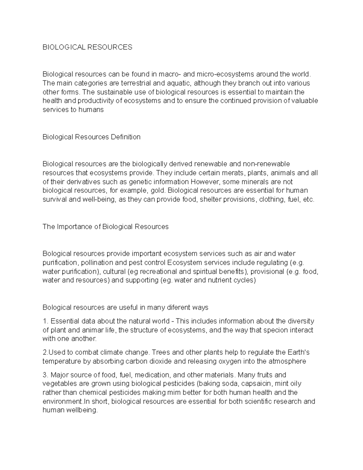 Diversity - notes - BIOLOGICAL RESOURCES Biological resources can be ...