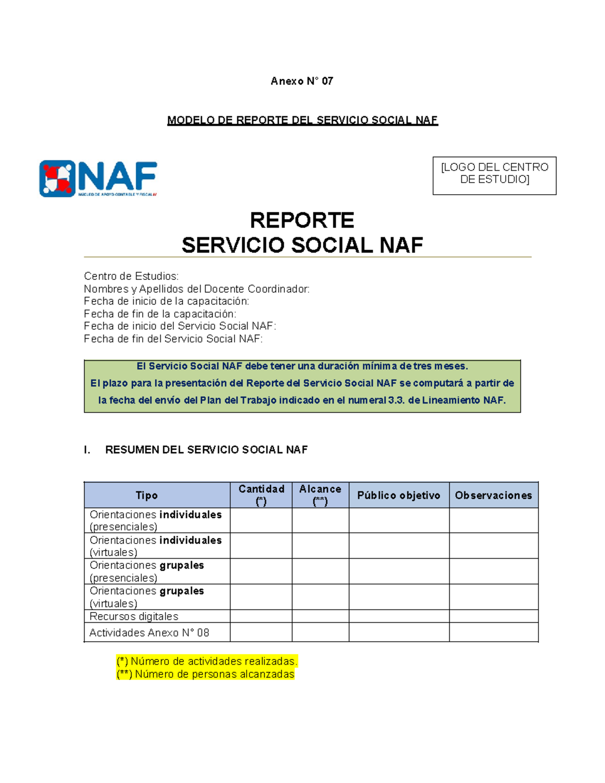 Anexo 7 Reporte SS NAF (plantilla 2023) - Anexo N° 07 MODELO DE REPORTE ...