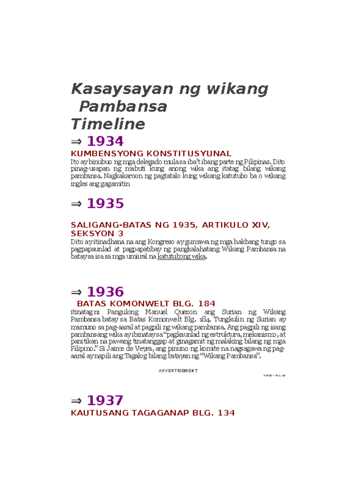 Kasaysayan ng Wikang Pambansa Timeline - Kasaysayan ng wikang Pambansa ...
