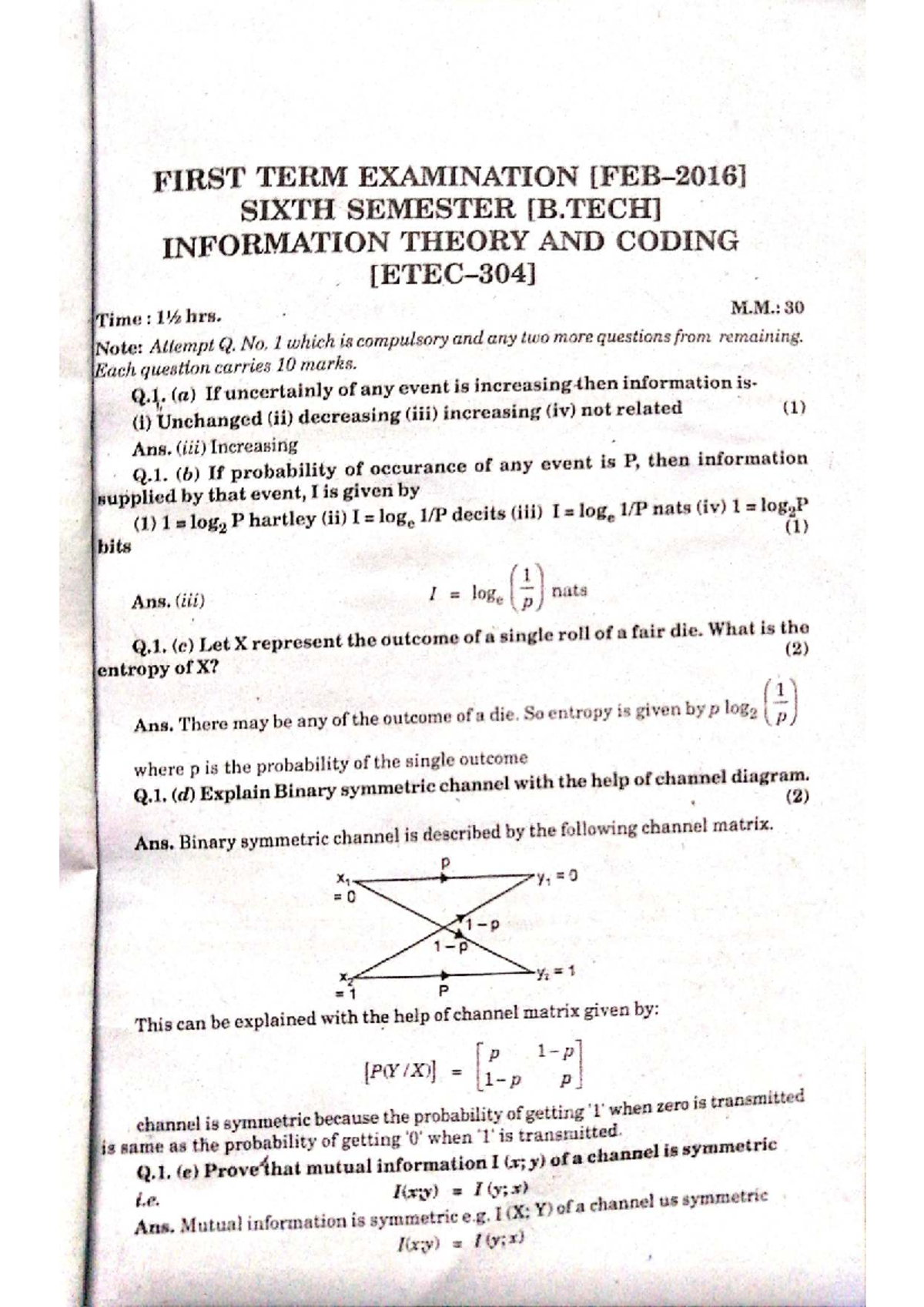 Itc akash information theory and coding - FIRST TERM EXAMINATION SIXTH SEMESTER INFORMATION ...