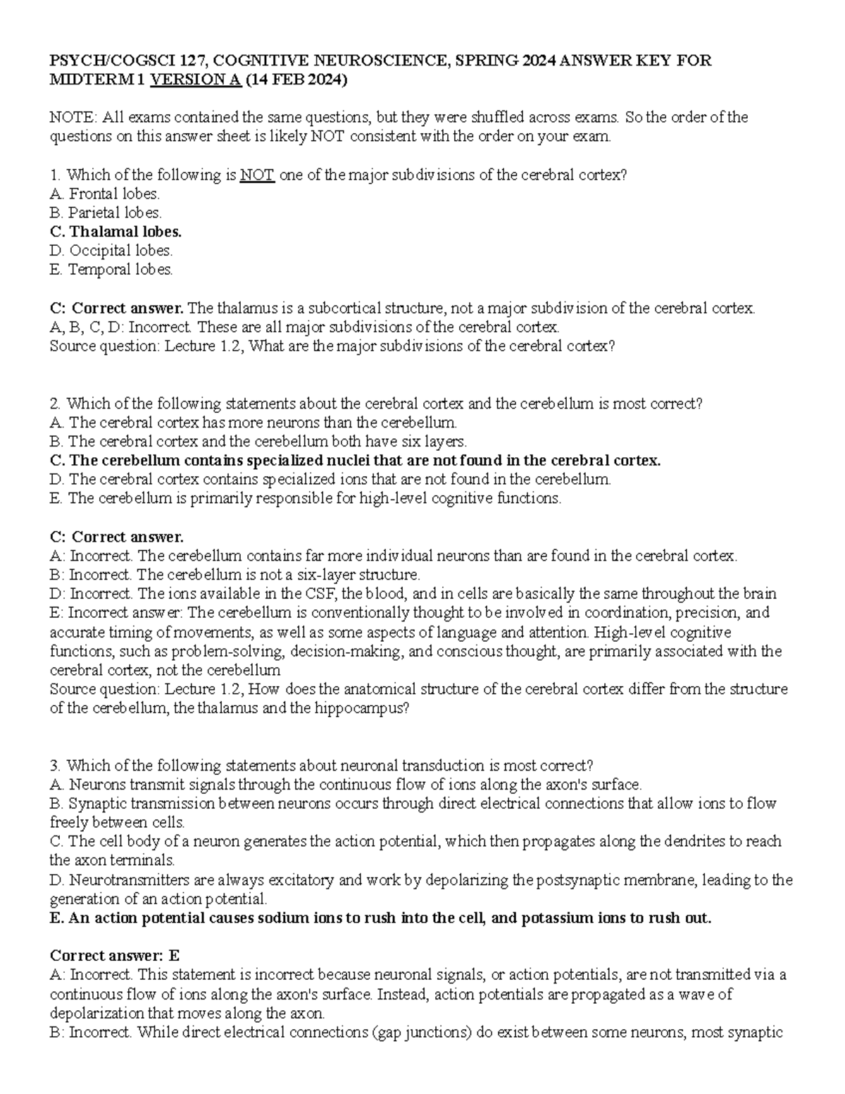 Midterm.1 - PSYCH/COGSCI 127, COGNITIVE NEUROSCIENCE, SPRING 2024 ANSWER KEY FOR MIDTERM 1 ...
