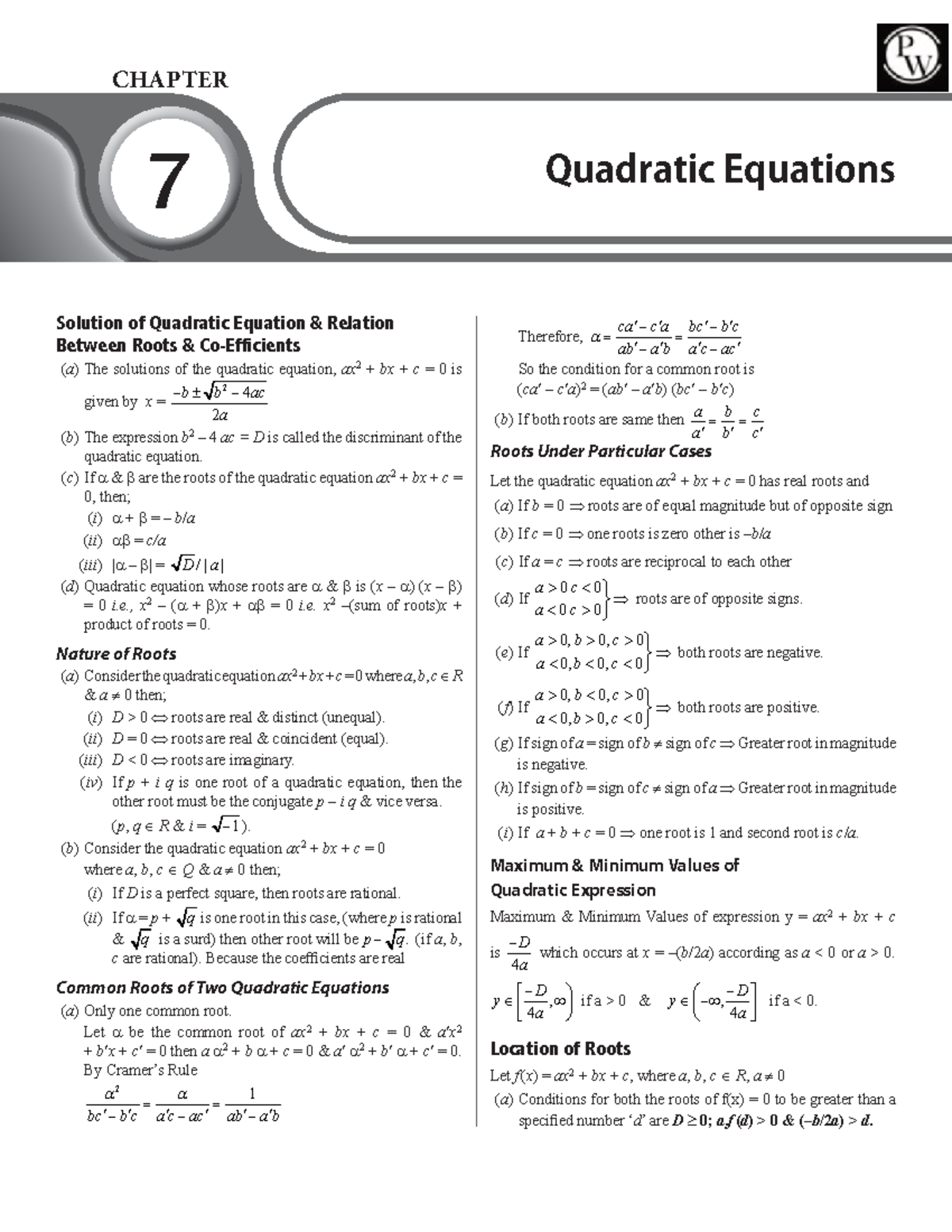Quadratic Equations Short Notes - CHAPTER 7 Quadratic Equations ...