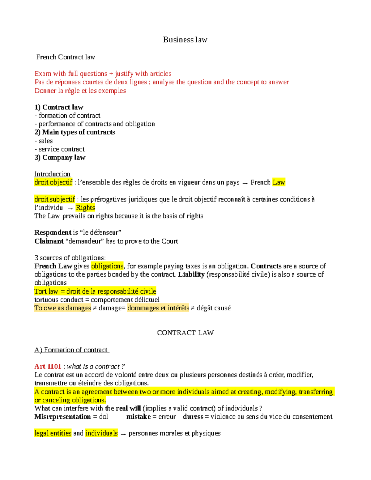Business law - Business law French Contract law Exam with full ...