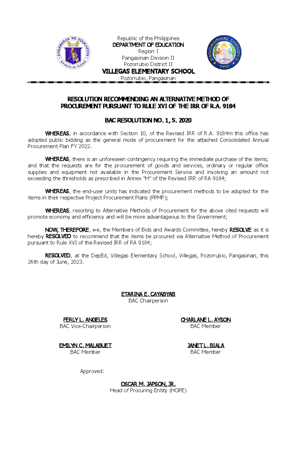 8 bac resolution - Template Material - Republic of the Philippines ...