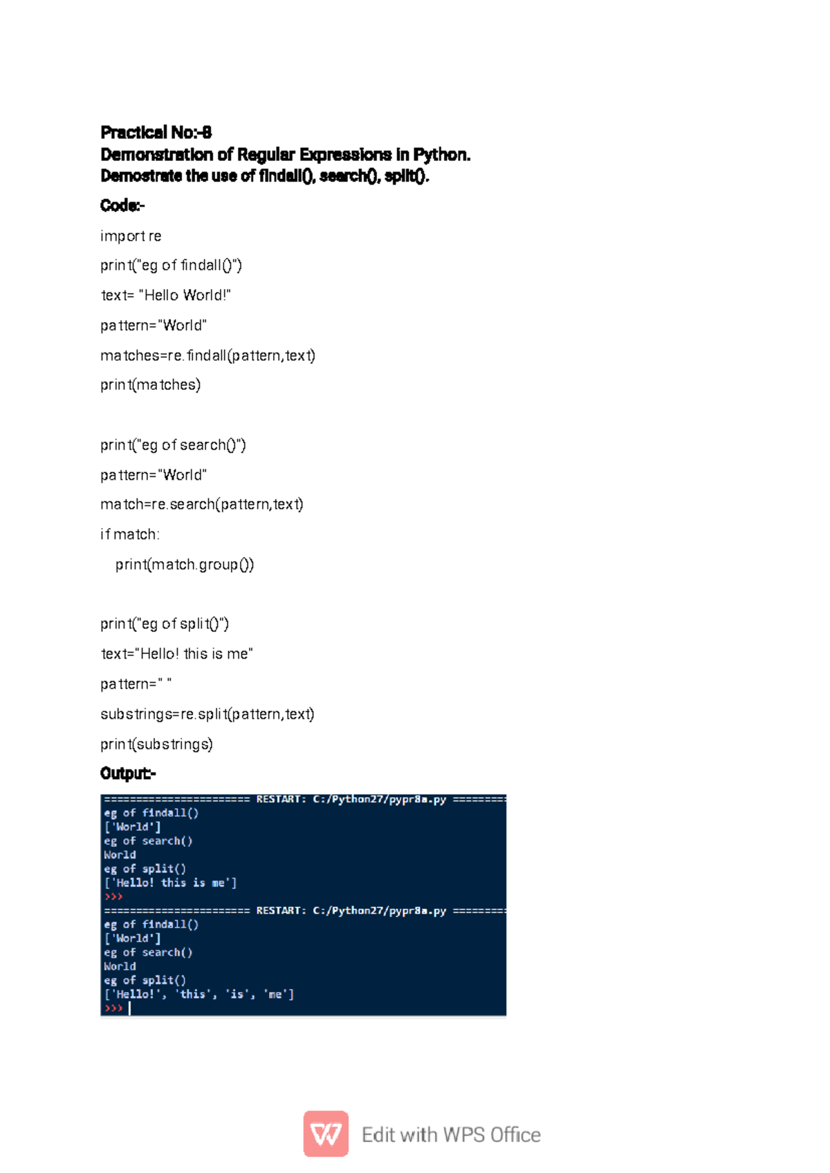 Python (Prac 8,9) - Practical - Practical No:- Demonstration of Regular ...