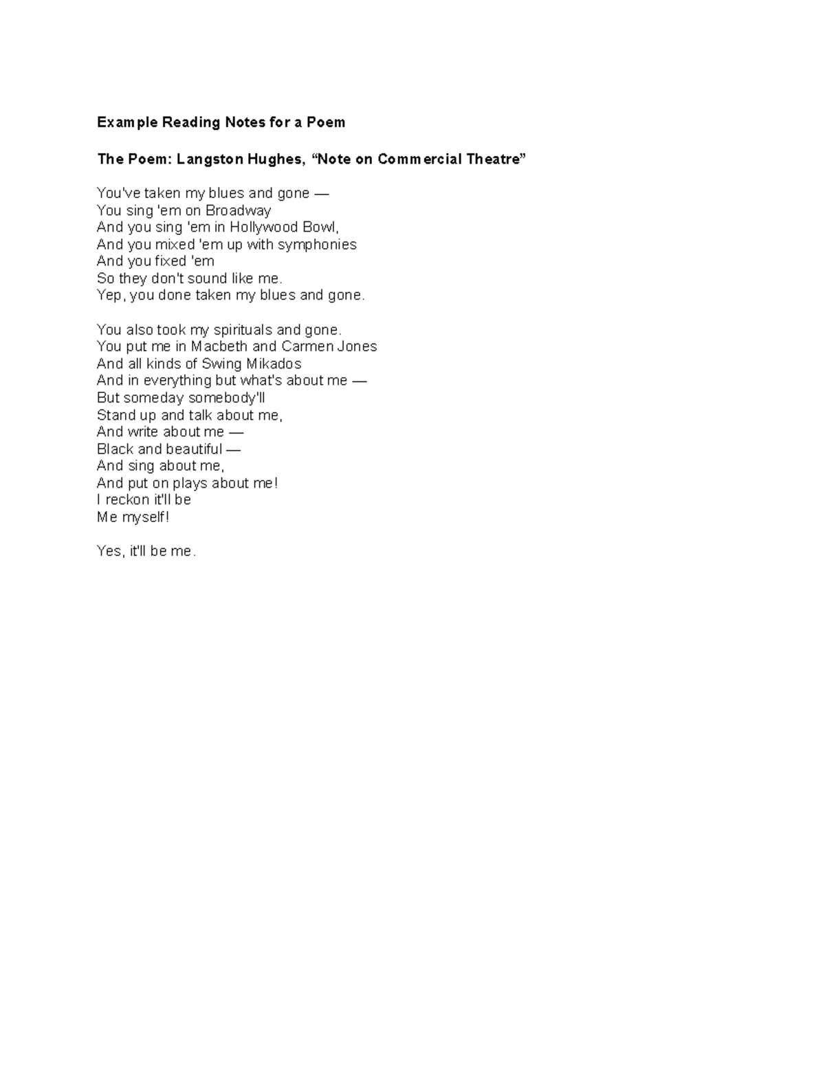 Example Prewriting Reading Notes on a Poem - Example Reading Notes for ...