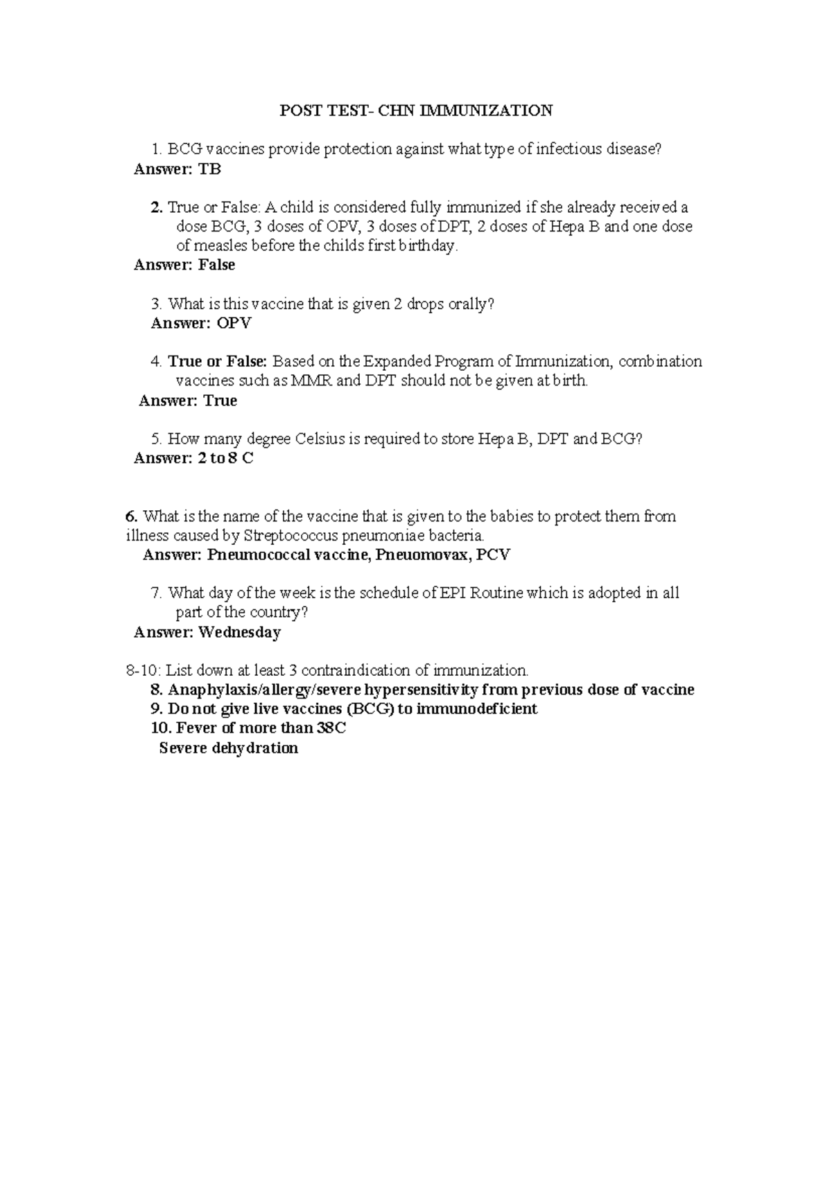 POST TEST- EPI with Key Answer - POST TEST- CHN IMMUNIZATION BCG ...