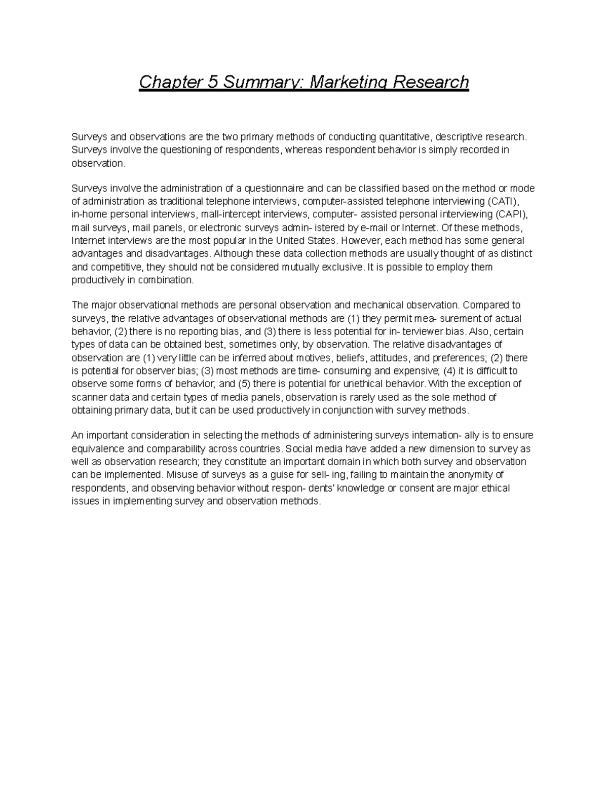 Chapter 5 Summary Marketing Research - Chapter 5 Summary: Marketing ...