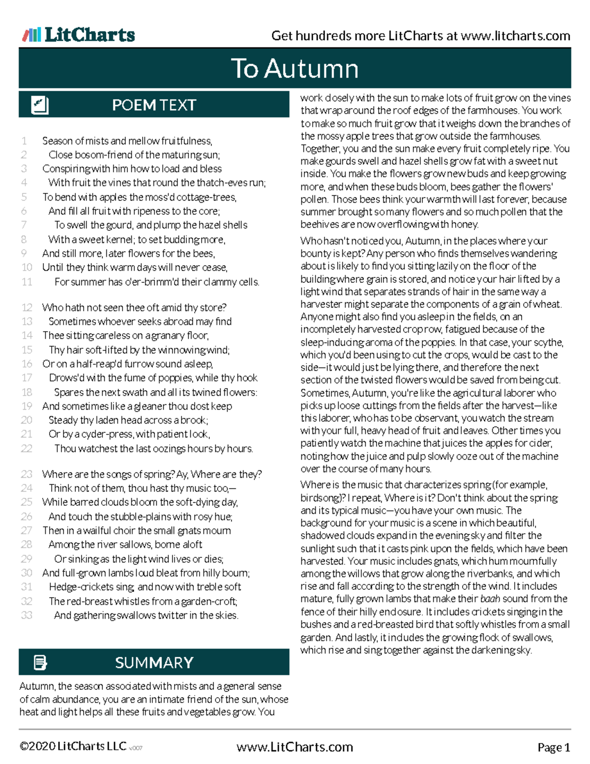 John Keats - To Autumn Notes - To Autumn Autumn, the season associated ...