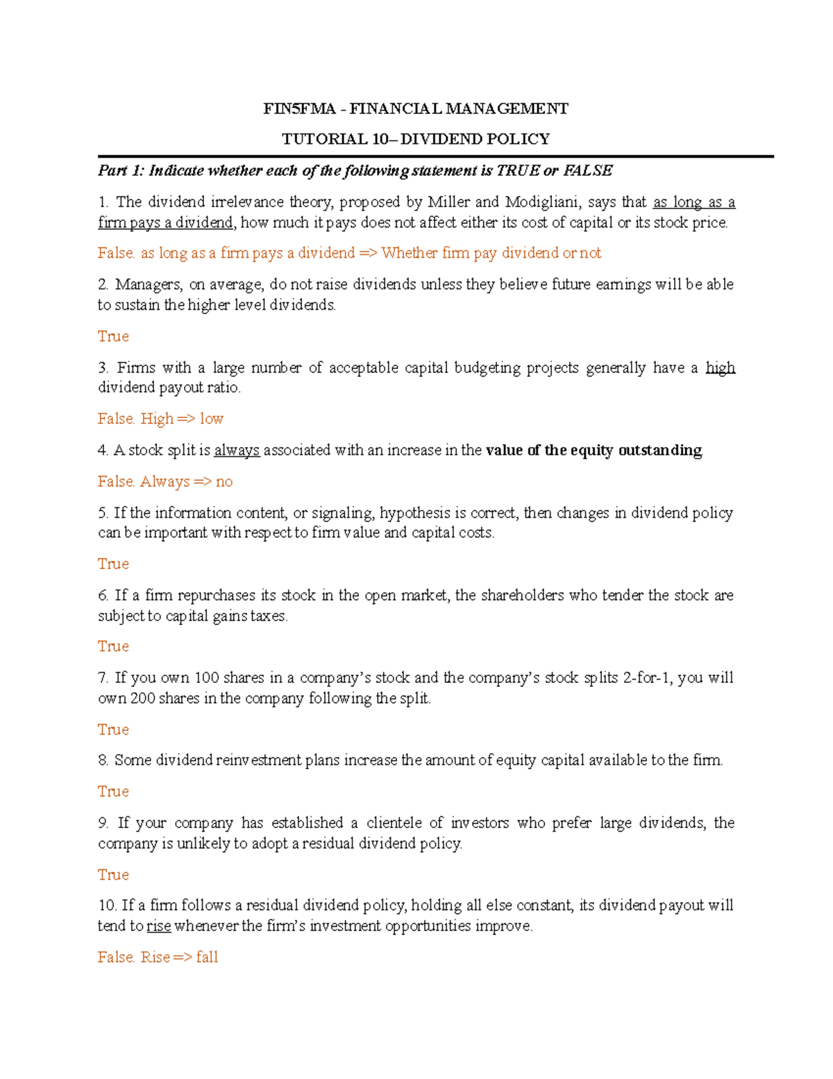 FMA Tutorial 10 Dividend Policy - FIN5FMA - FINANCIAL MANAGEMENT ...
