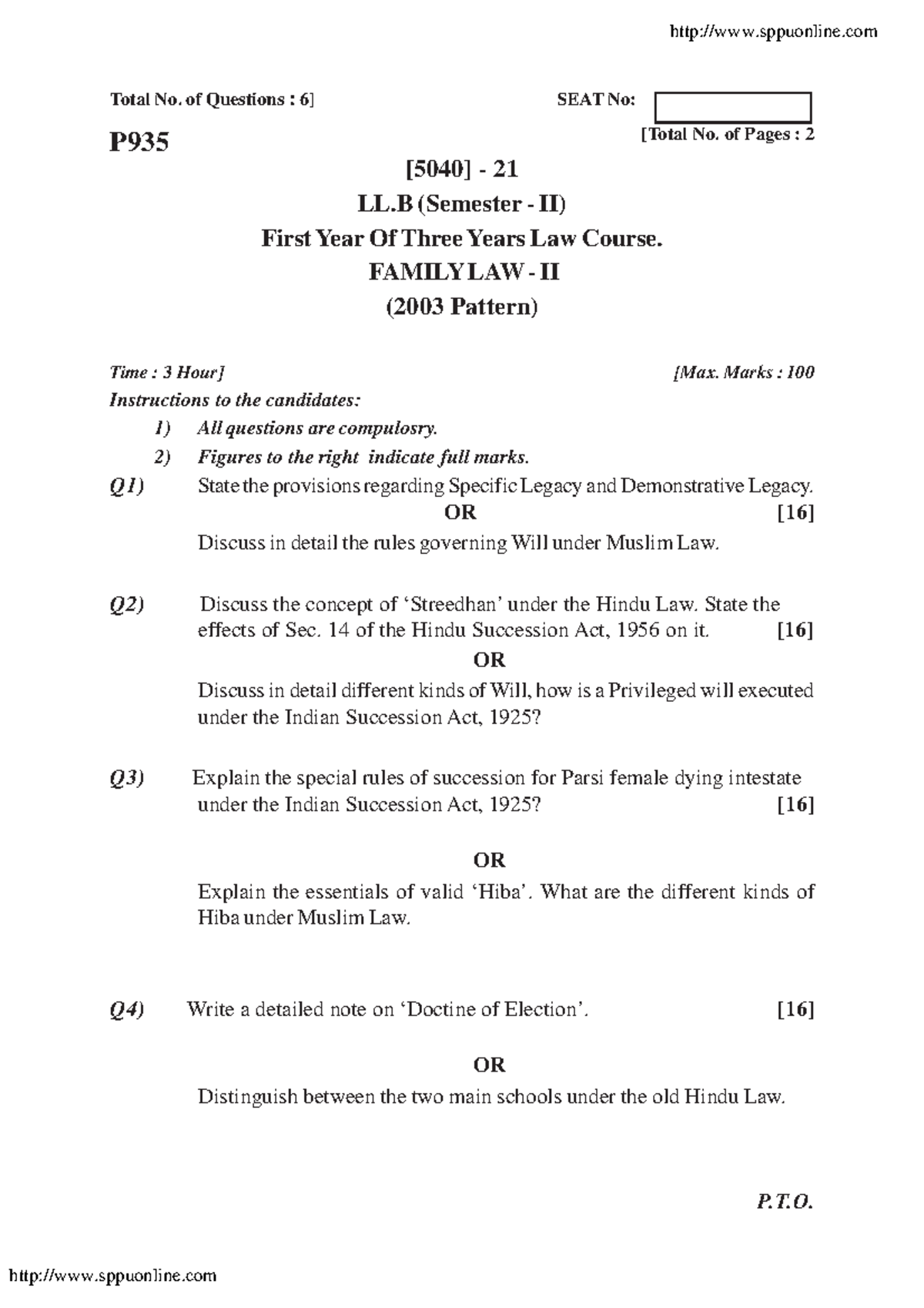 Llb 2 sem family law 21 p03 oct 2016 - Total No. of Questions : 6] SEAT ...