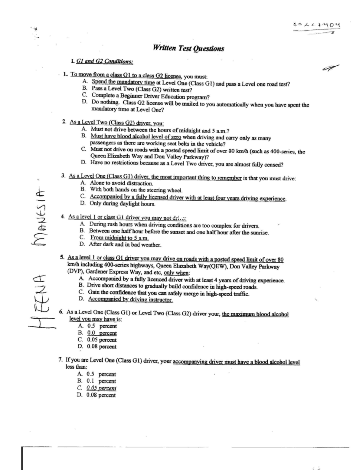 Driving test pdf - 80227404 Written Test Questions I. GI and G2 ...
