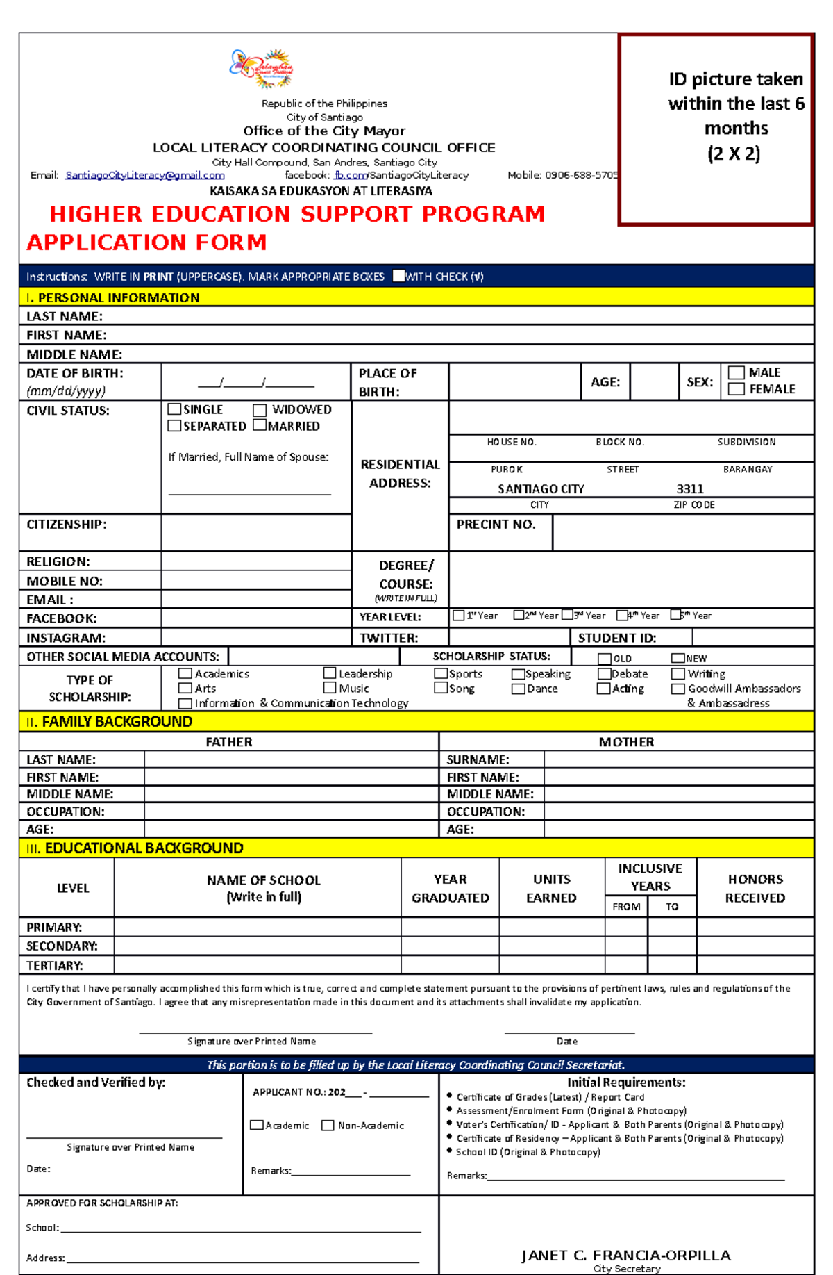 Application Form - Higher Education Support Program - Republic of the Philippines City of ...