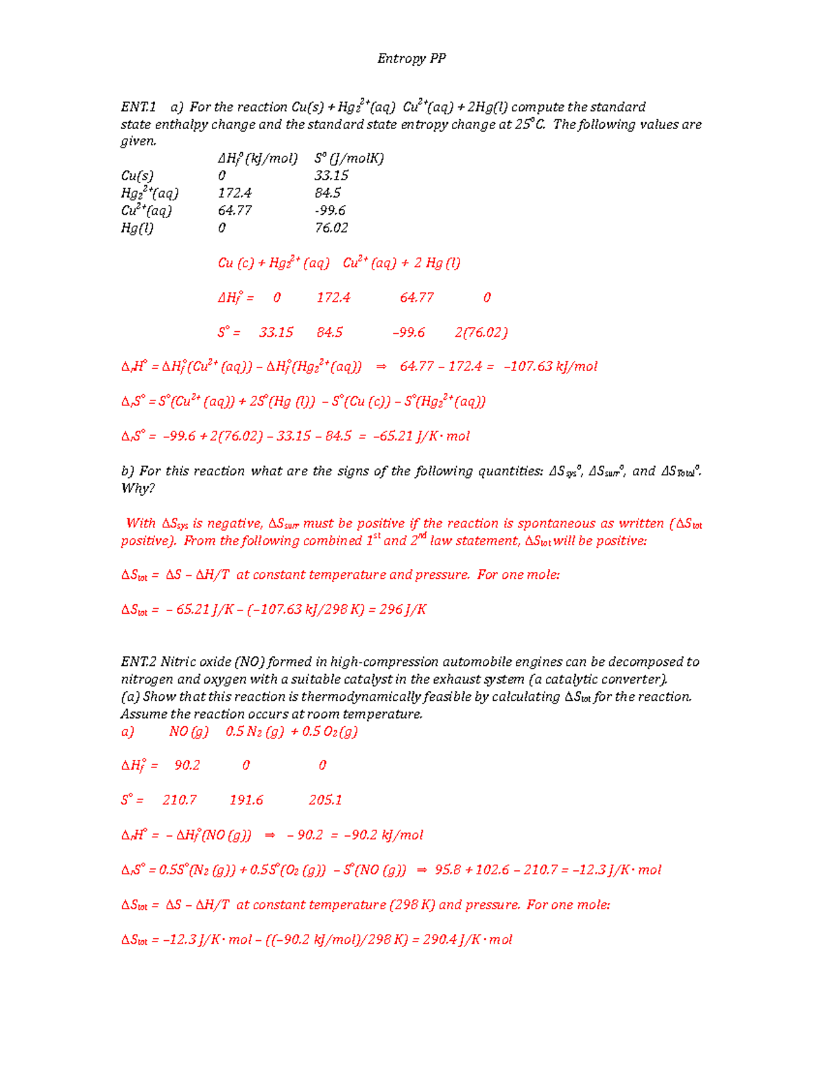 Entropy PP Key - Entropy PP ENT a) For the reaction Cu(s) + Hg22+(aq ...