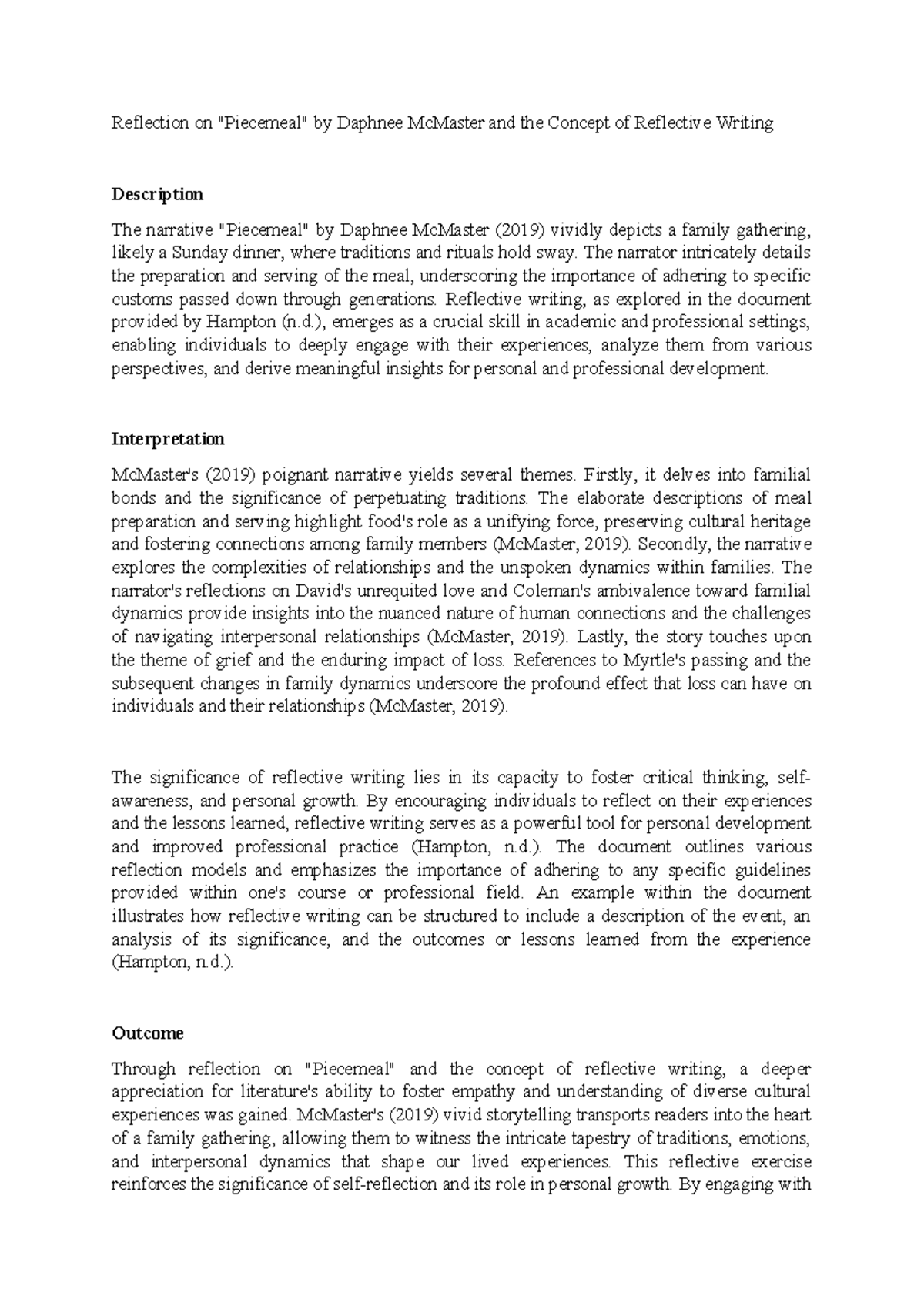 Discussion Forum Unit 5 - Reflection on "Piecemeal" by Daphnee McMaster and the Concept of - Studocu