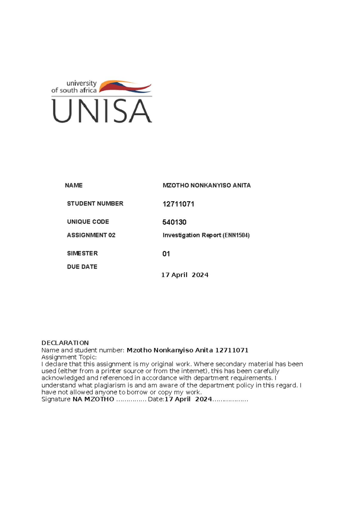 Investigative Report - ENN1504 - DECLARATION Name and student number ...