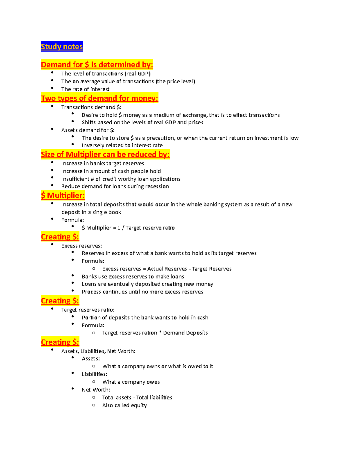 SAIT [Macro 305] - Study Notes - Study notes Demand for $ is determined ...