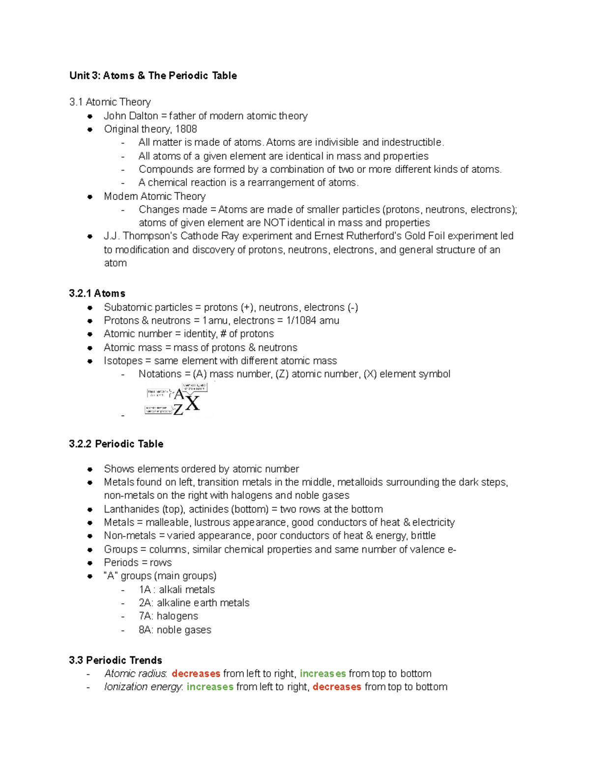 Unit 3 Summary - notes for exam 1 - Unit 3: Atoms & The Periodic Table ...