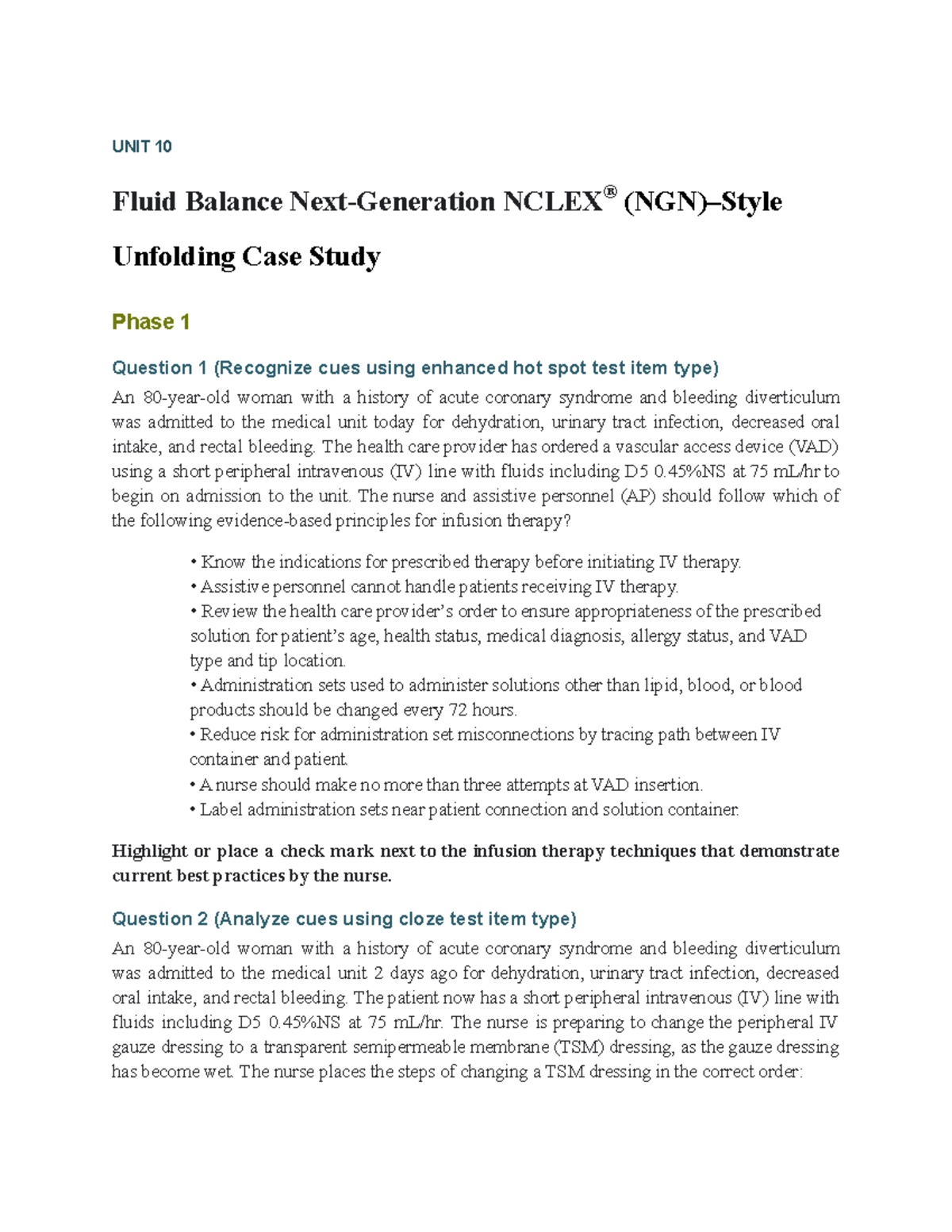 Case Study 2 - n/a - UNIT 10 Fluid Balance Next-Generation NCLEX ® (NGN ...