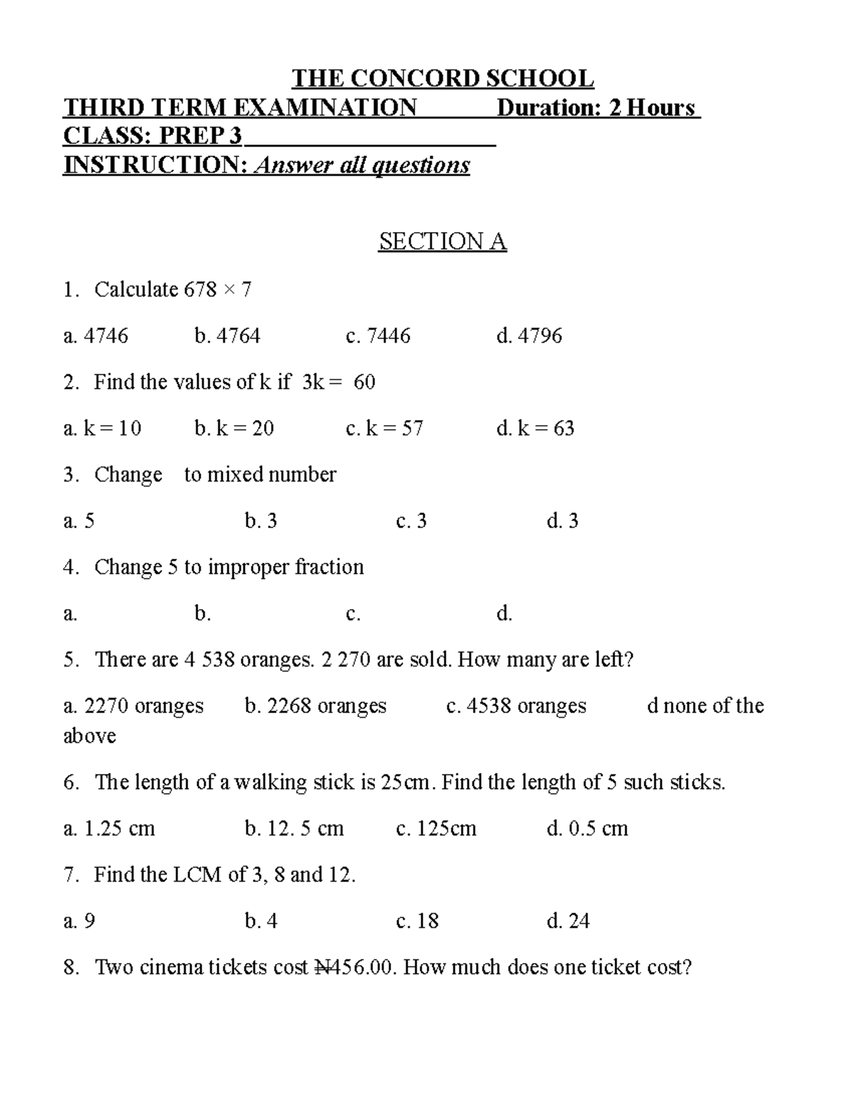 Prep 3 paper 1 third term - THE CONCORD SCHOOL THIRD TERM EXAMINATION ...