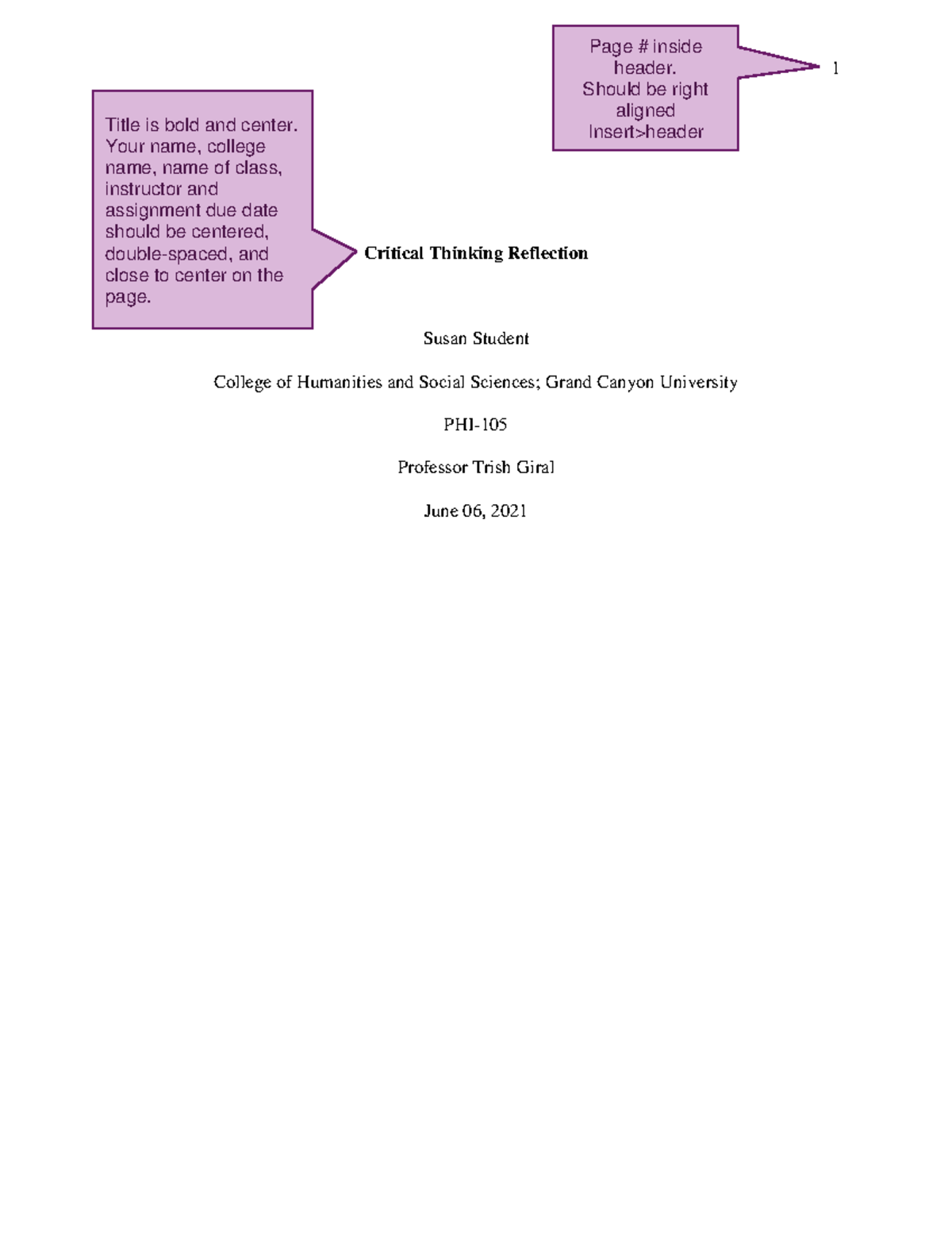 Sample Critical Thinking Reflection T1 PHI105 - 1 Critical Thinking ...