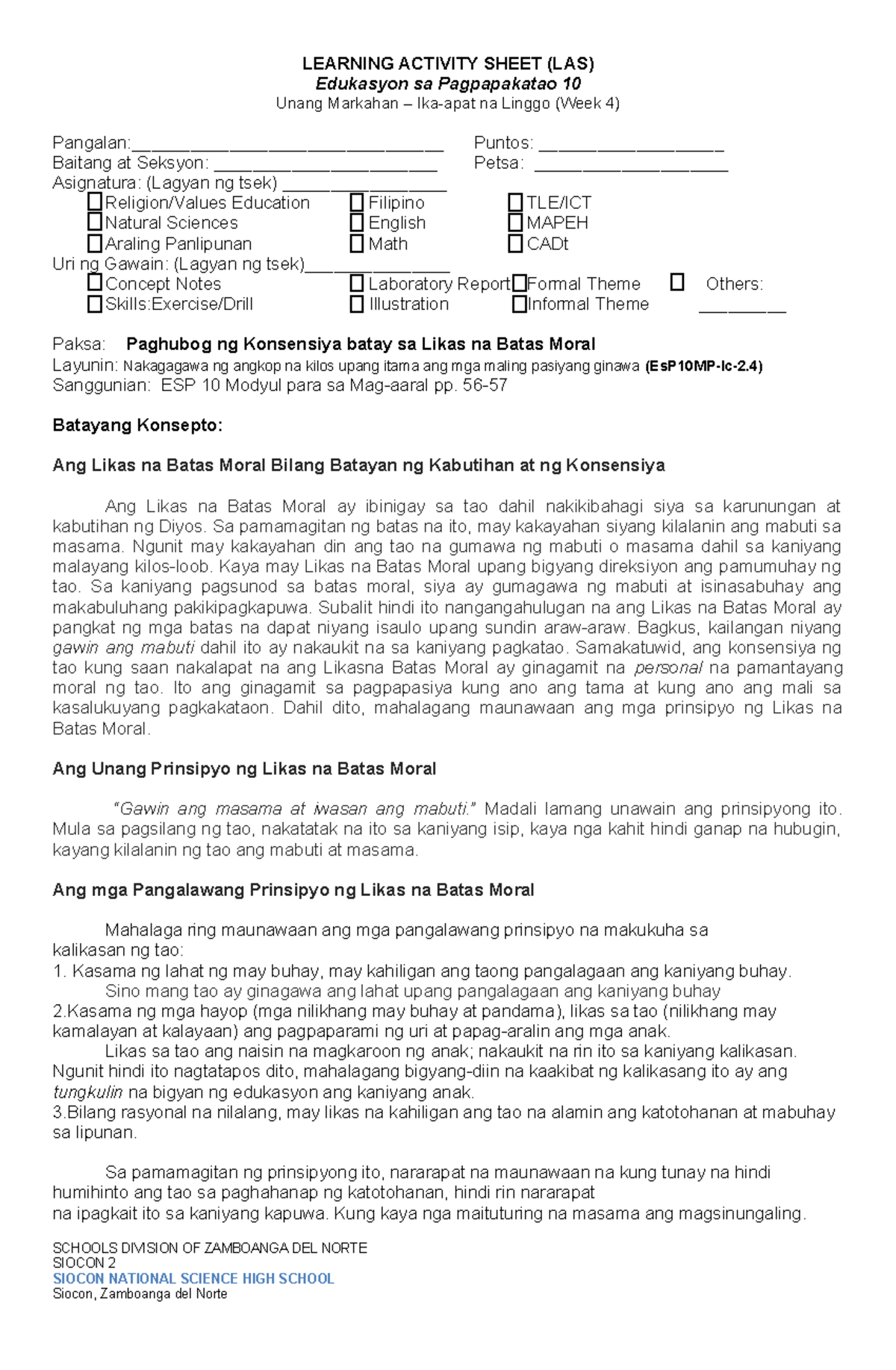 LAS 4 likas na batas moral - LEARNING ACTIVITY SHEET (LAS) Edukasyon sa ...