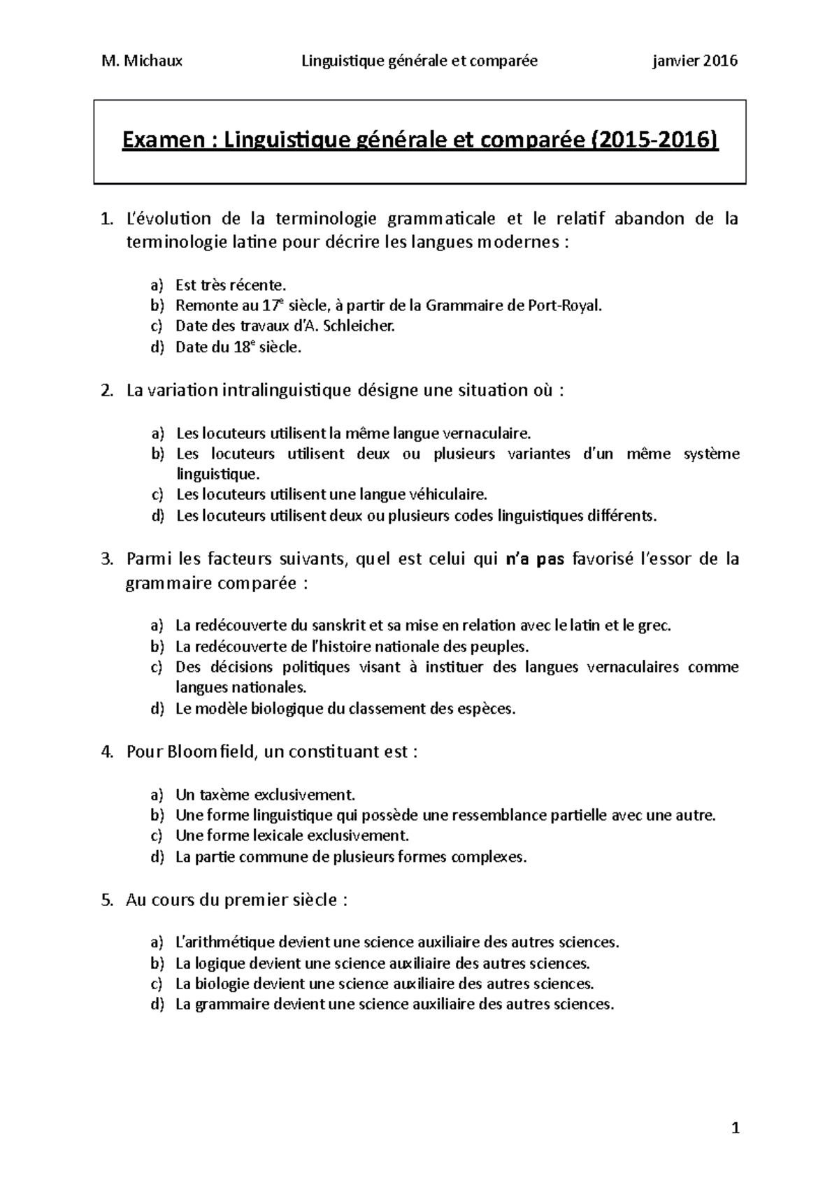 Examen 2016, questions et réponses - M. Michaux Linguistique et janvier ...