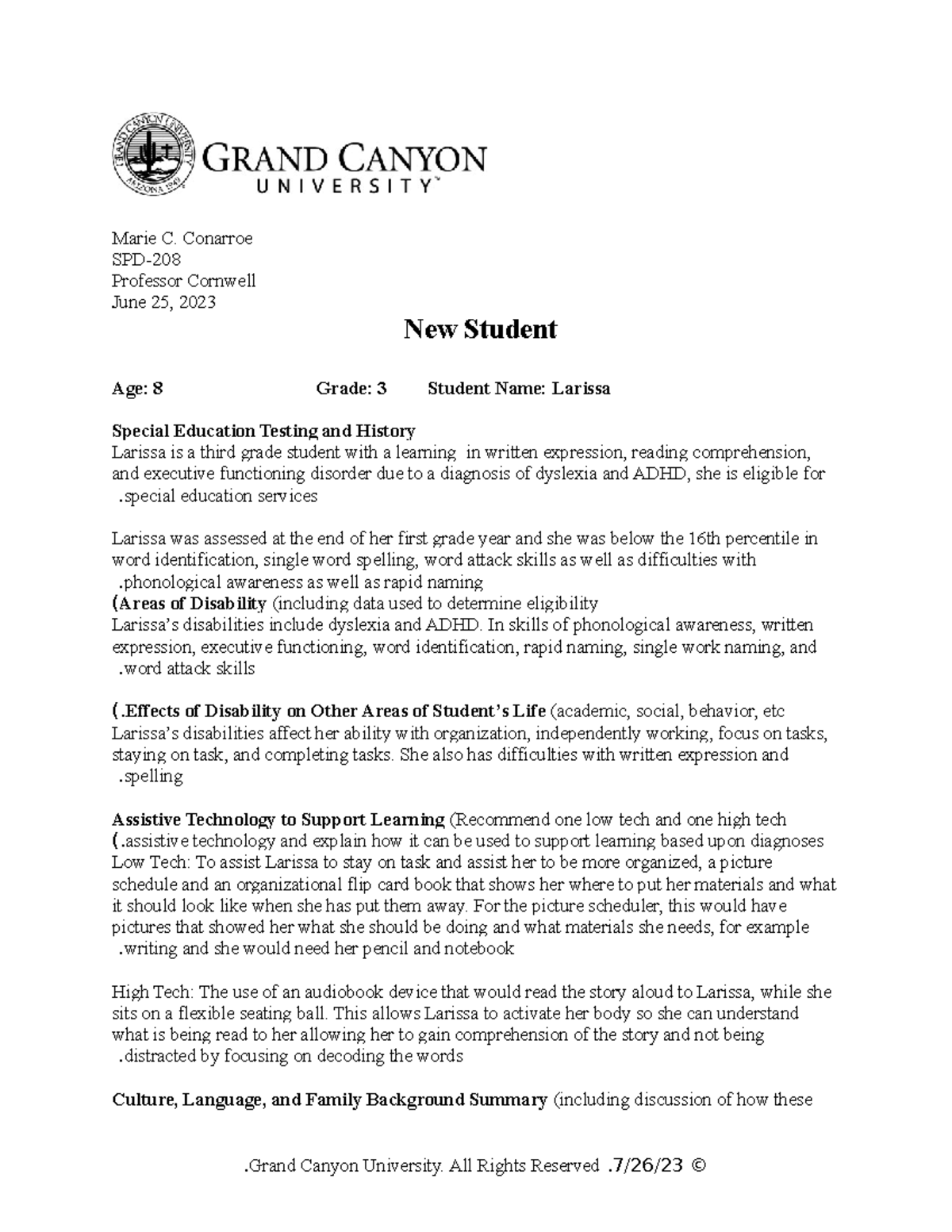 SPD-208 RS T6 New Student copy - Marie C. Conarroe SPD- Professor ...