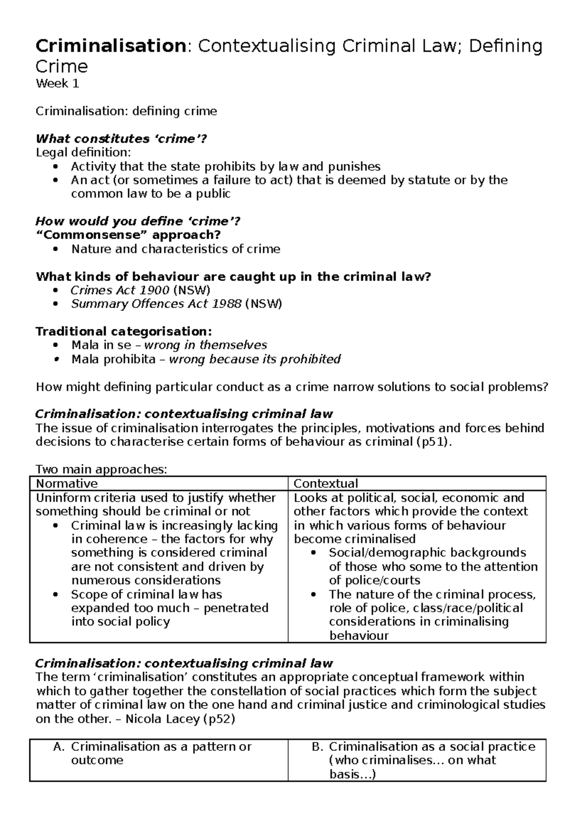 Crime & the crim process notes week 1 - Criminalisation ...