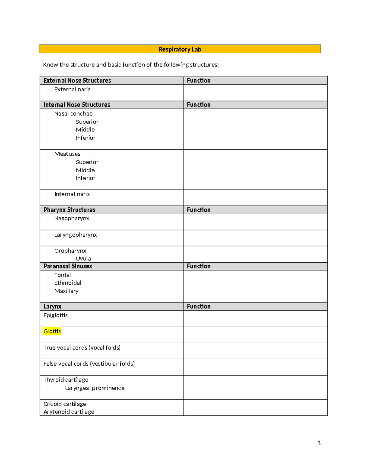 Respiratory System Lab - 1 Respiratory Lab Know the structure and basic ...