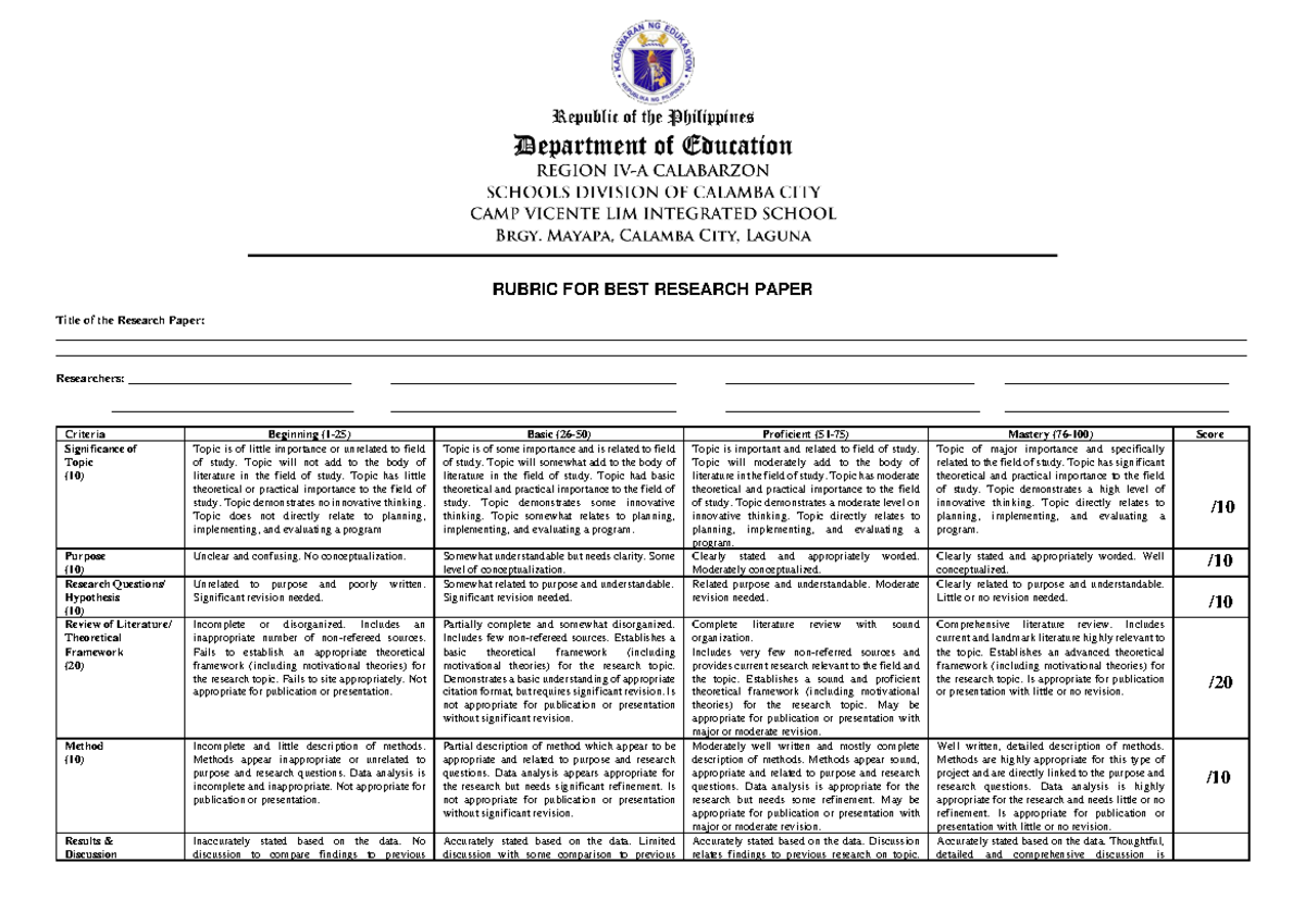 Rubric- FOR- Colloqium - RUBRIC FOR BEST RESEARCH PAPER Title of the ...
