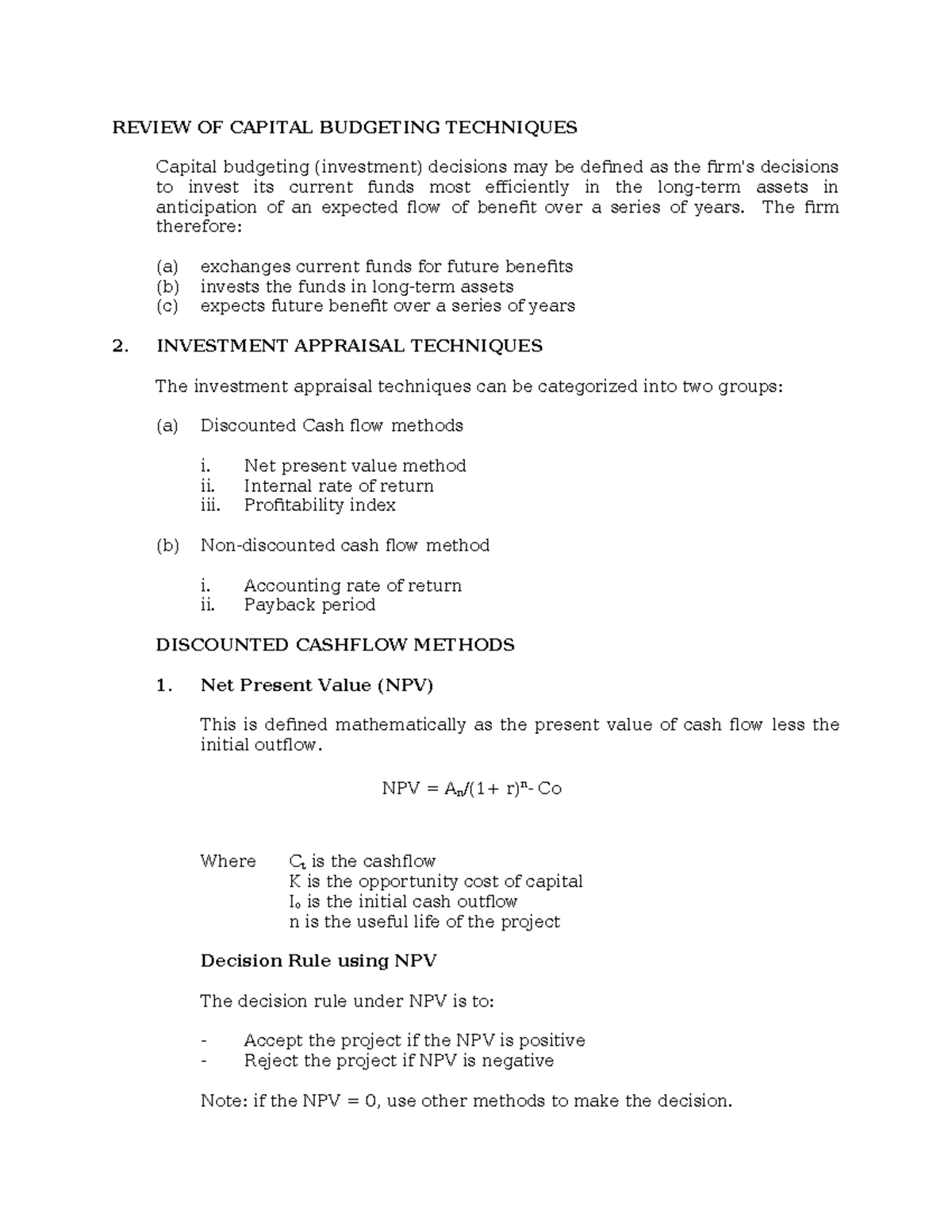 Review OF Capital Budgeting Techniques fin 6000B Lesson Three - REVIEW ...
