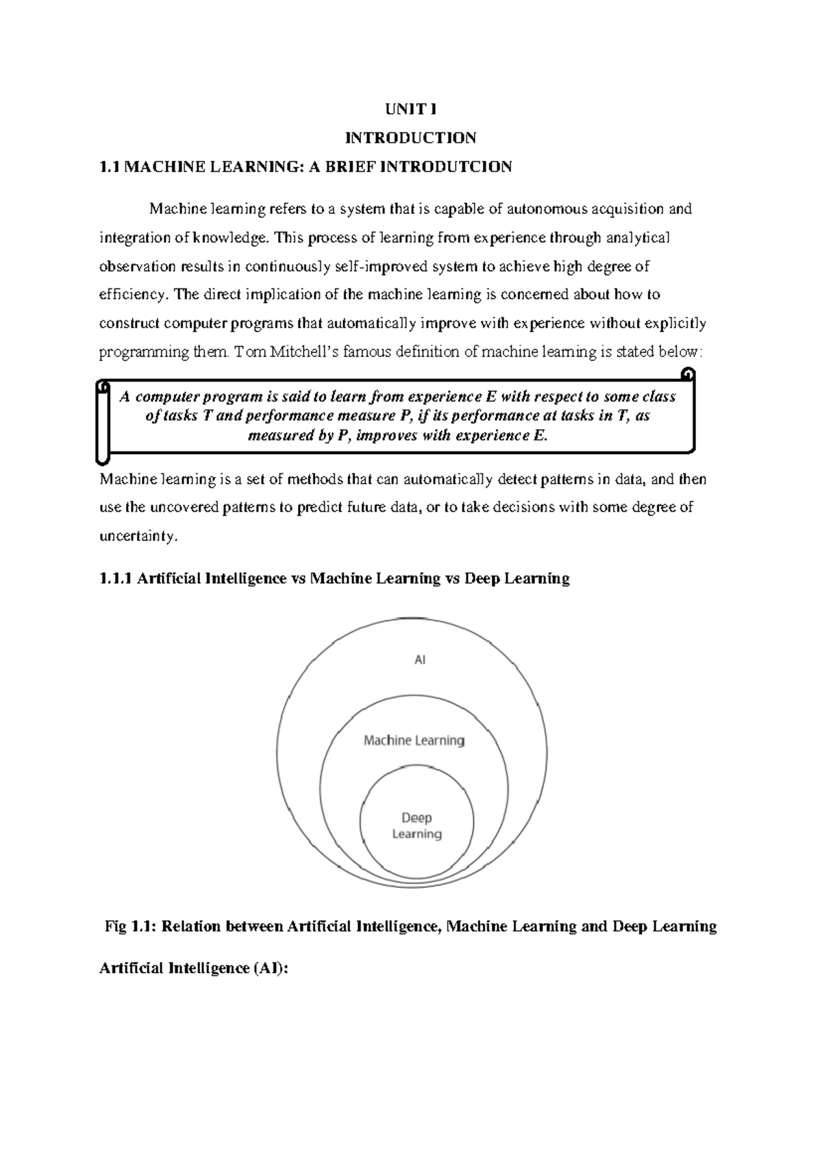 MLT UNIT-I - Contains detailed explanation - UNIT I INTRODUCTION 1 MACHINE LEARNING: A BRIEF ...