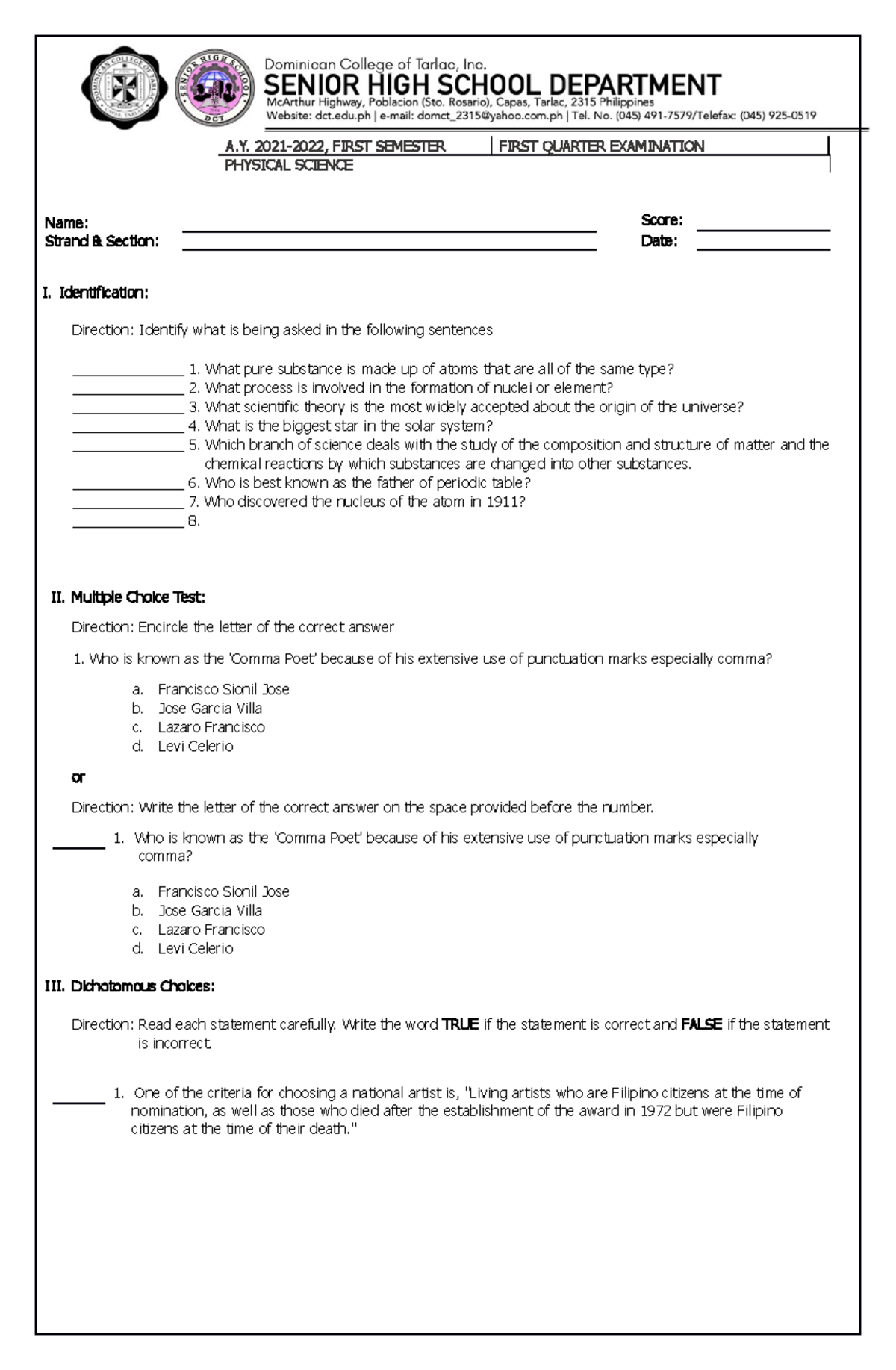 Physci First Quarter EXAM - Name: Strand & Section: I. Identification ...