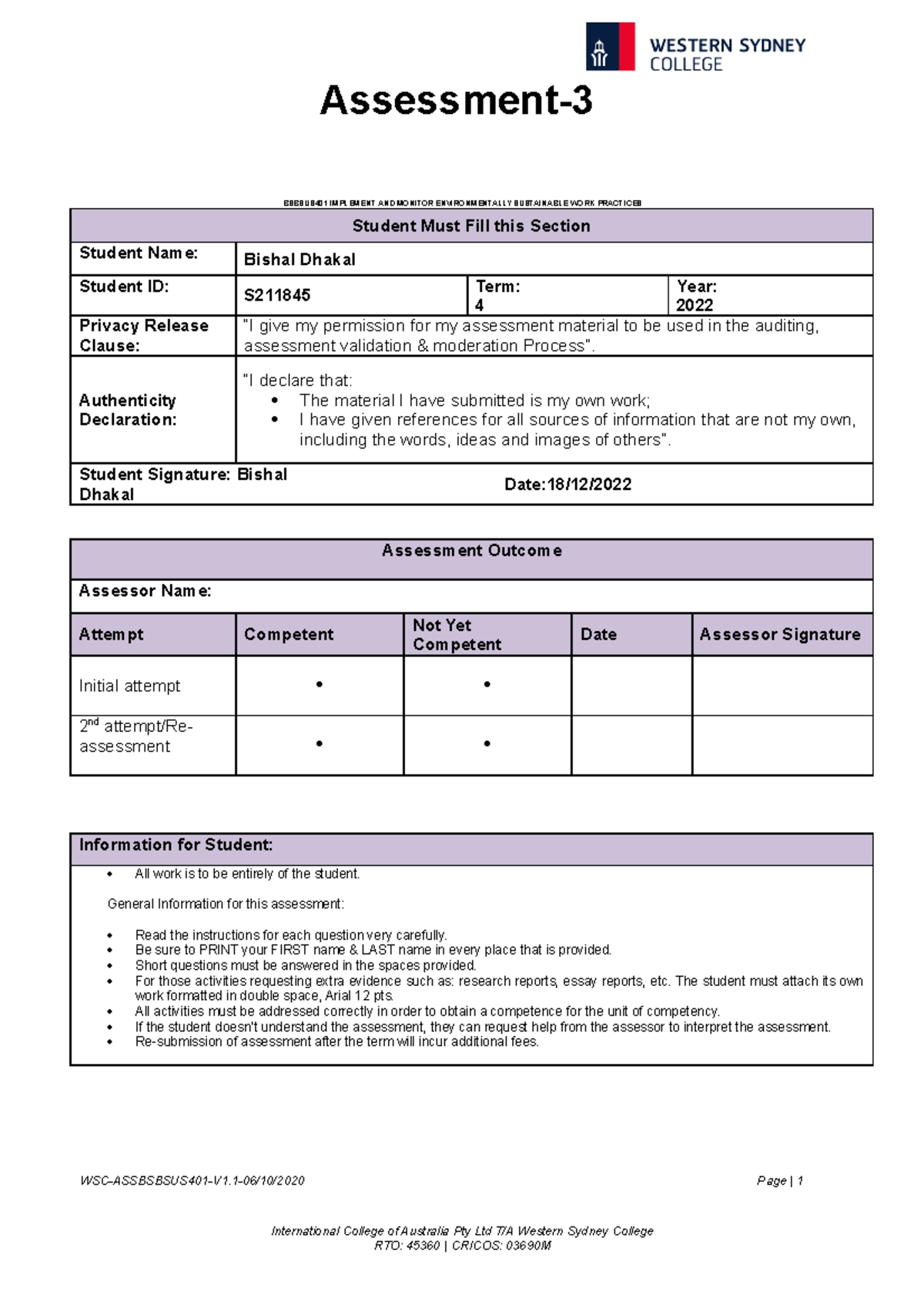 S20567 Assessment Task-3 - Assessment- BSBSUS401 IMPLEMENT AND MONITOR ENVIRONMENTALLY ...