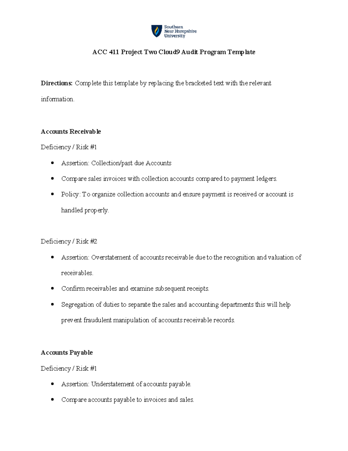 ACC 411 Project Two Cloud 9 Audit Program Template - ACC 411 Project ...